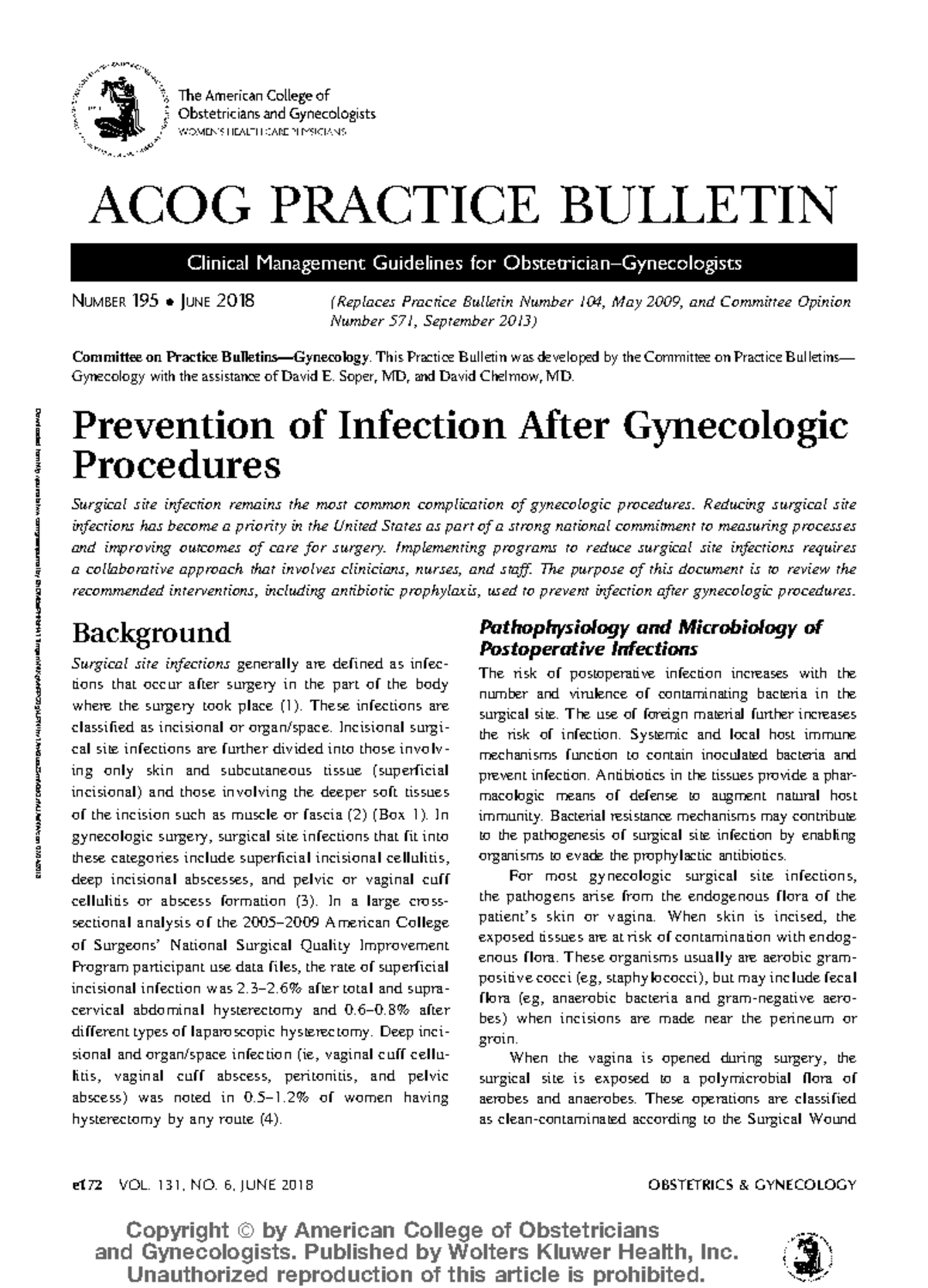 ACOG Practice Bulletin: Prevention of Infection After Gynecologic ...