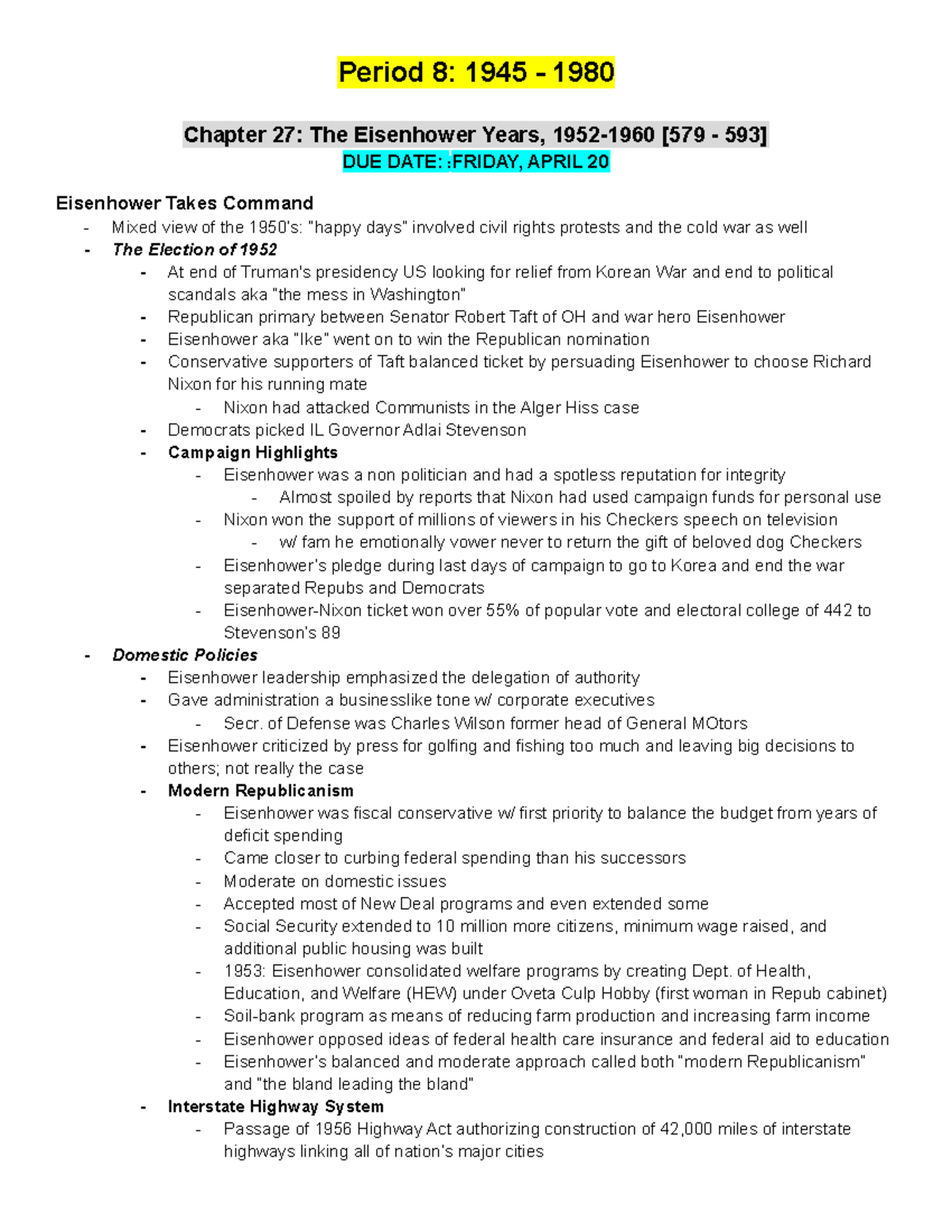 Amsco Note Taking Guide: The Eisenhower Years (1945-1980) Ch. 27 - Studocu