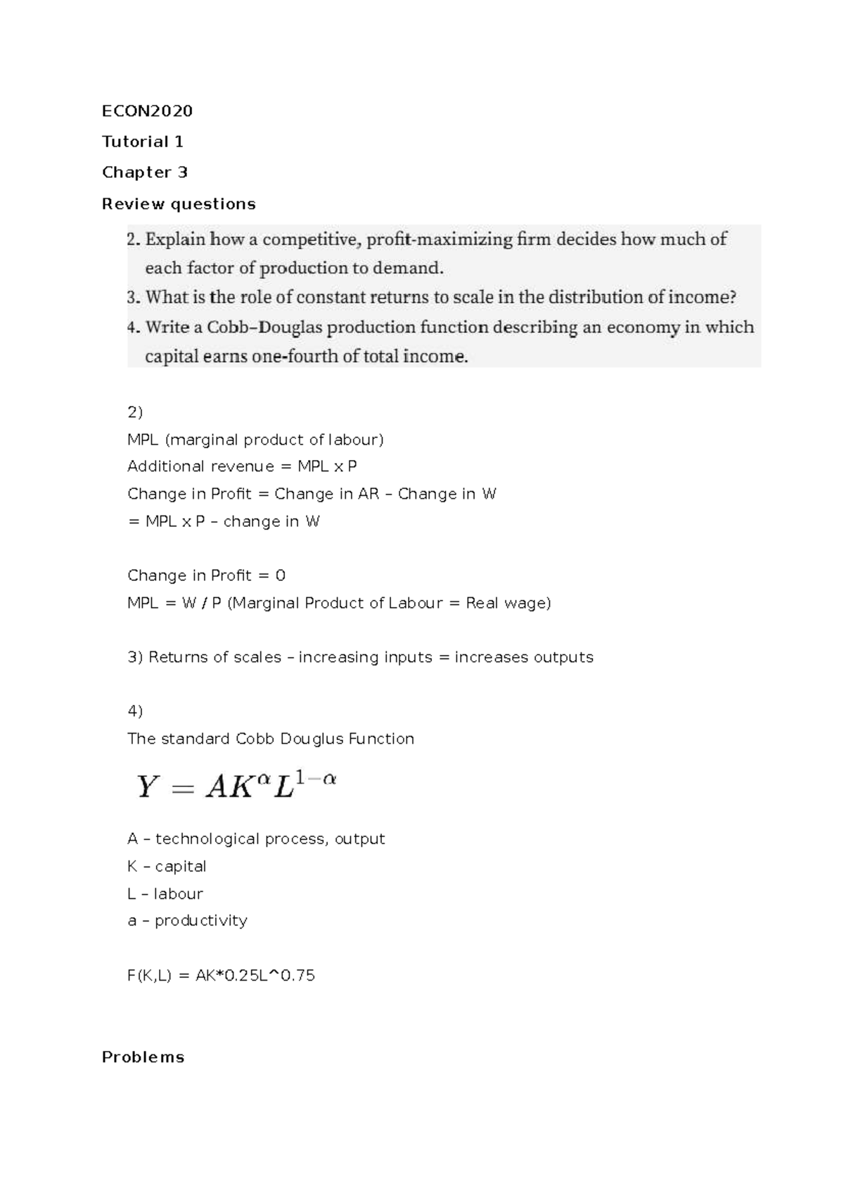 ECON2020 Tutorial 1 Chapter 3 Review Questions & Answers - Studocu