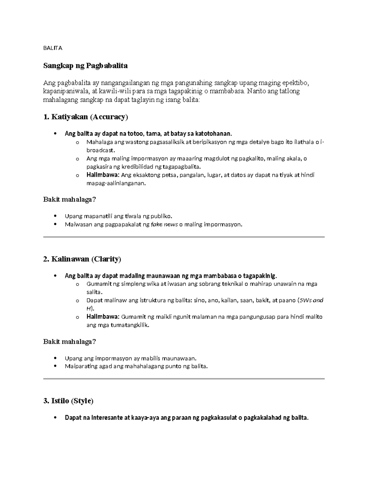 Mga Sangkap ng Pagbabalita: Katiyakan, Kalinawan, at Istilo - Studocu