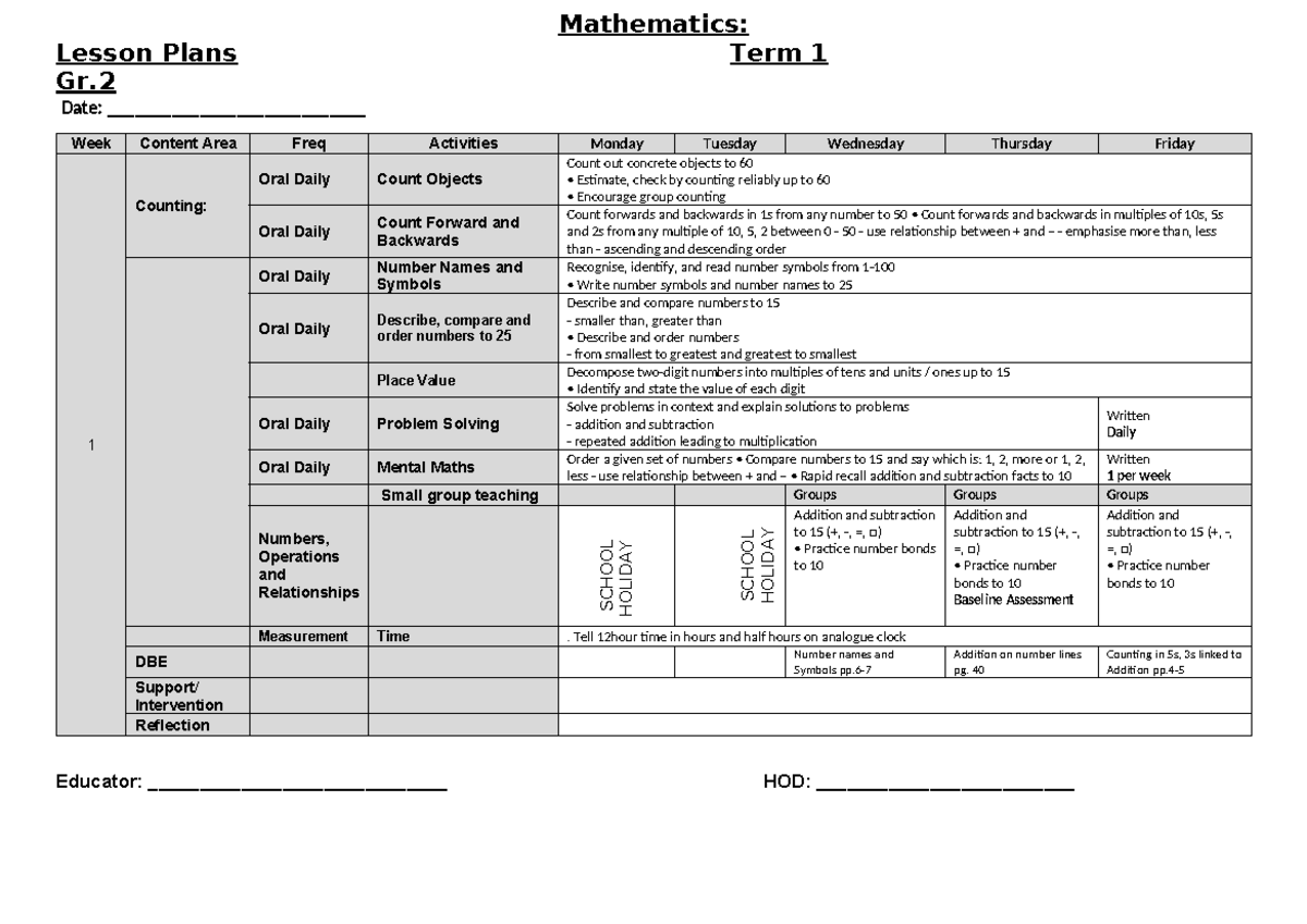 Mathematics Gr.2: Term 1 Comprehensive Lesson Plans - Studocu