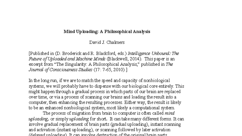 Mind Uploading: Philosophical Analysis & Identity (PHIL 101) - Studocu