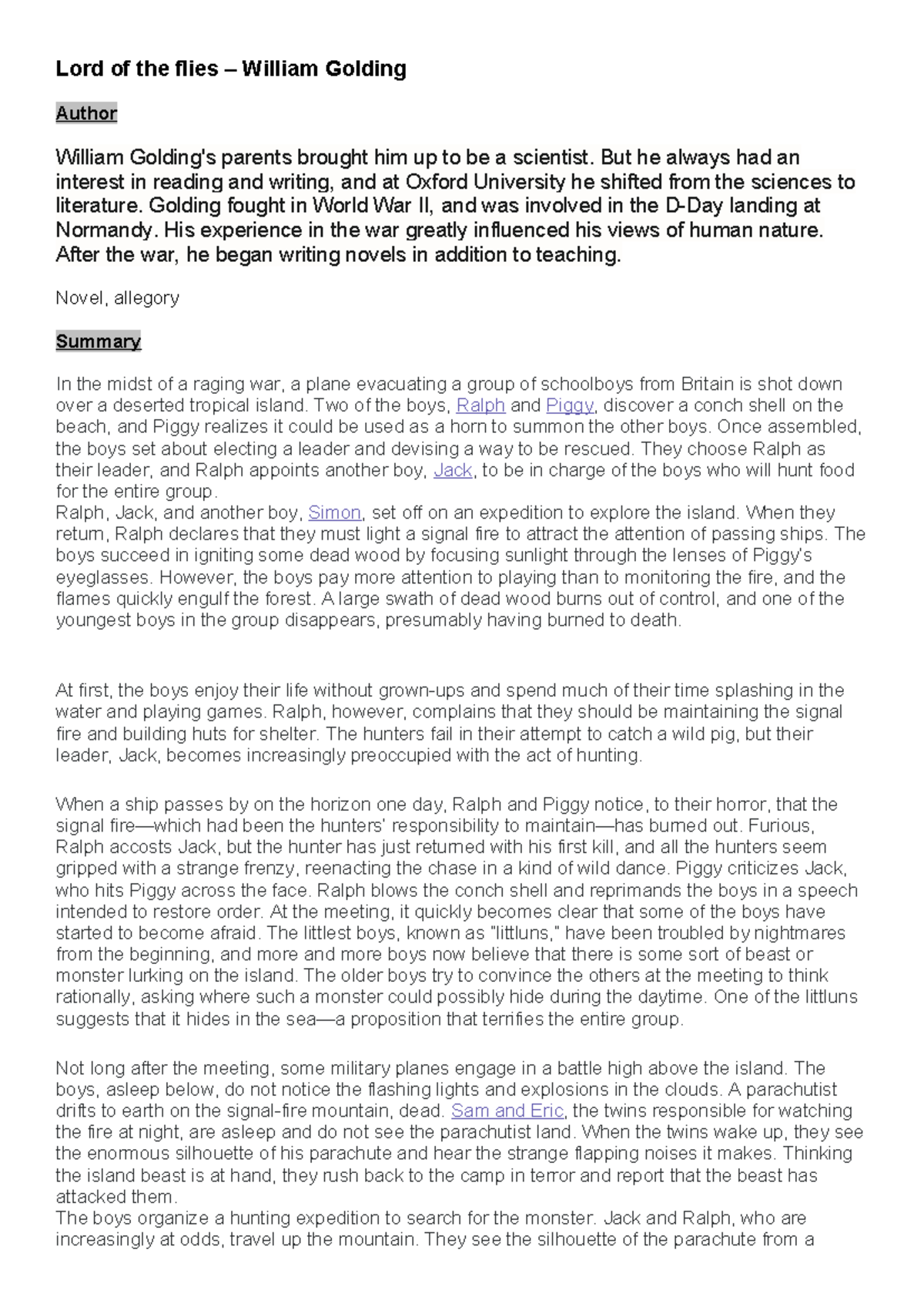 ENG 101: Lord of the Flies - Character Analysis and Summary - Studocu