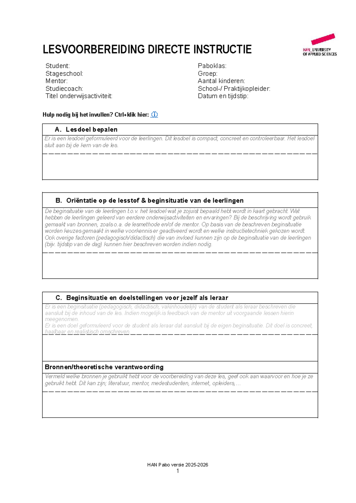 Lesvoorbereiding Directe Instructie HAN Pabo Versie 1-4 - Studeersnel