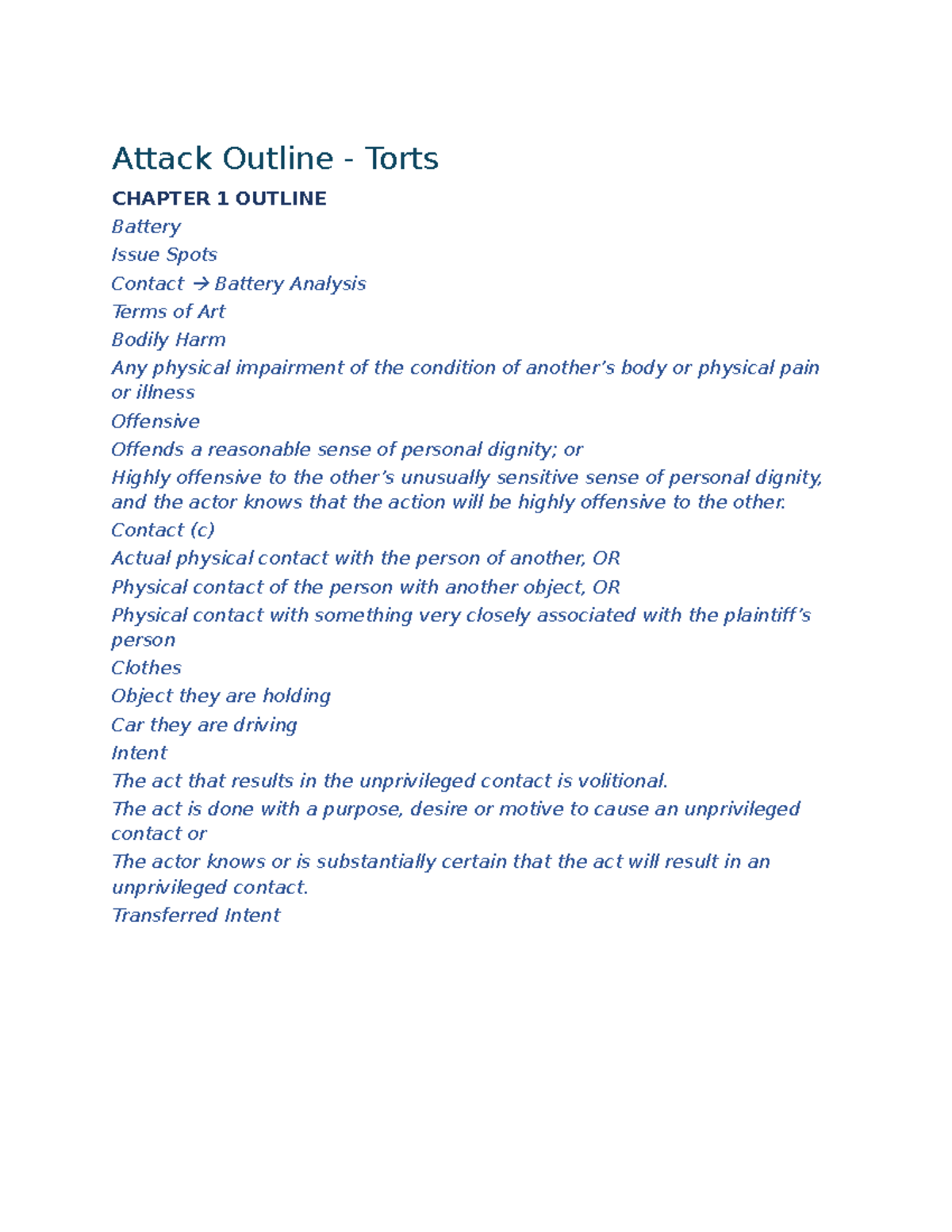 Torts Law Attack Outline - Key Concepts & Case Summaries - Studocu