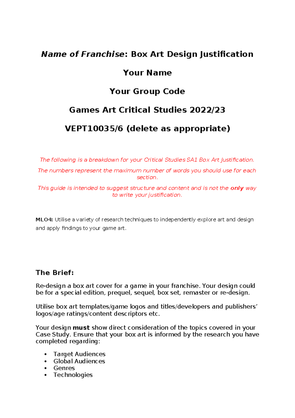Critical Studies (SA1) Box Art Design Justification Guide - Studocu