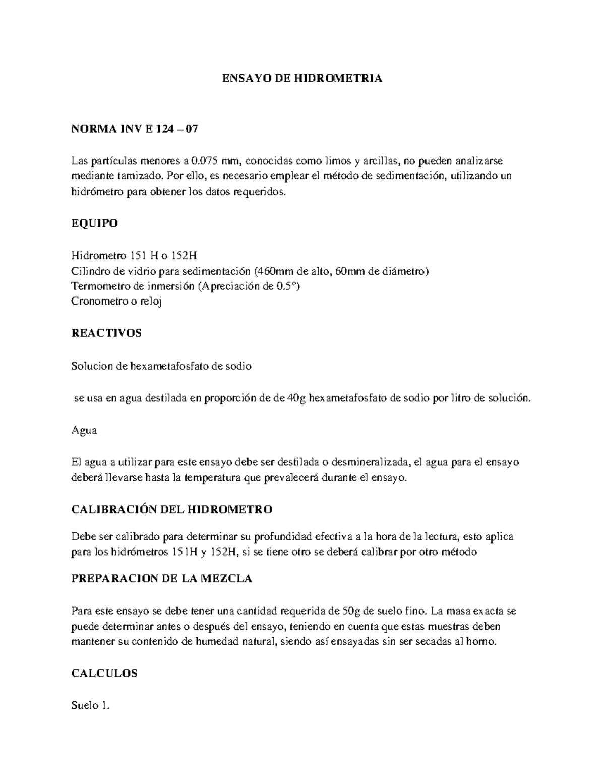 Ensayo de Hidrometría - Lab Normativa INV E 124-07 - Studocu