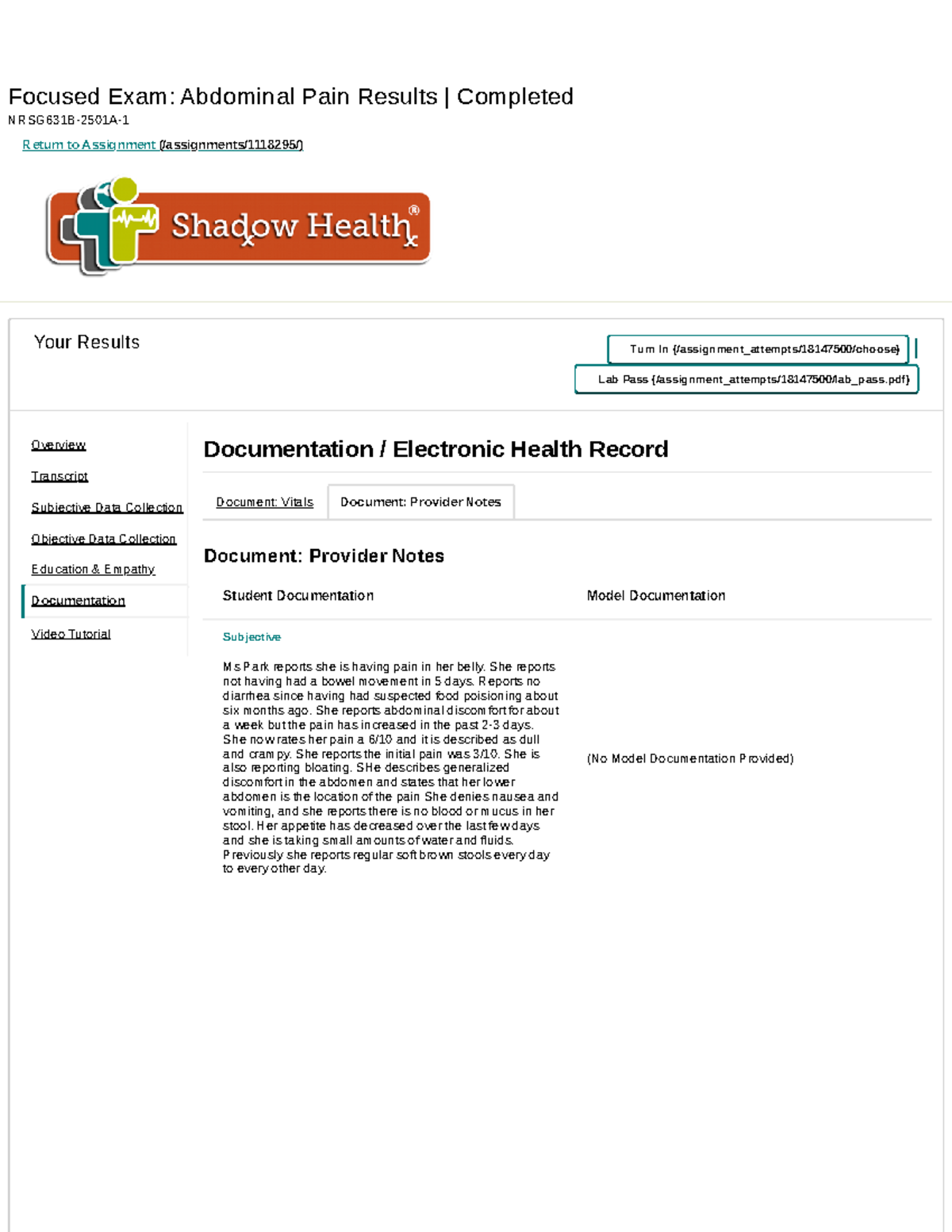NRSG631B-2501A: Documentation of Abdominal Pain Assessment for Ms. Park ...