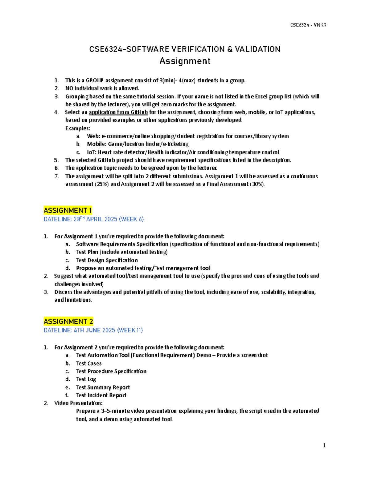 CSE6324 VNKR Verification & Validation Group Assignment 1 & 2 Guide - Studocu