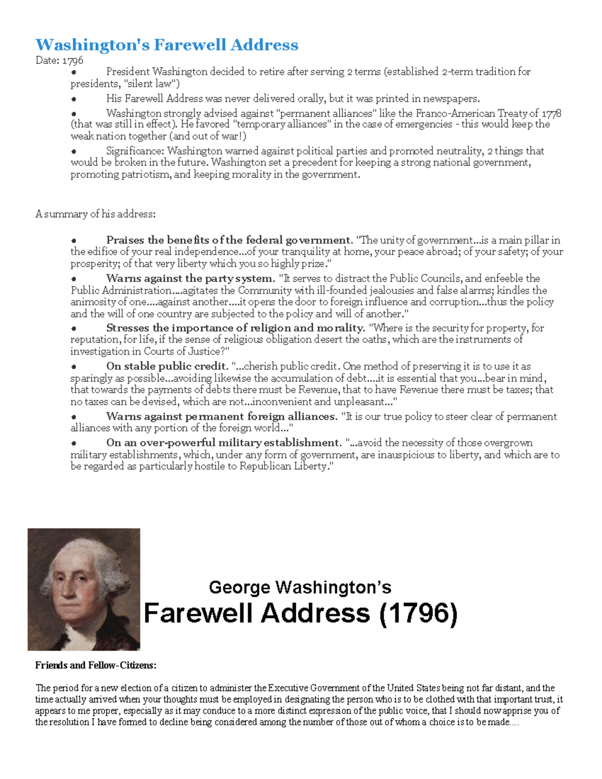 Washington Adams Jefferson - Washington's Farewell Address ####### Date ...