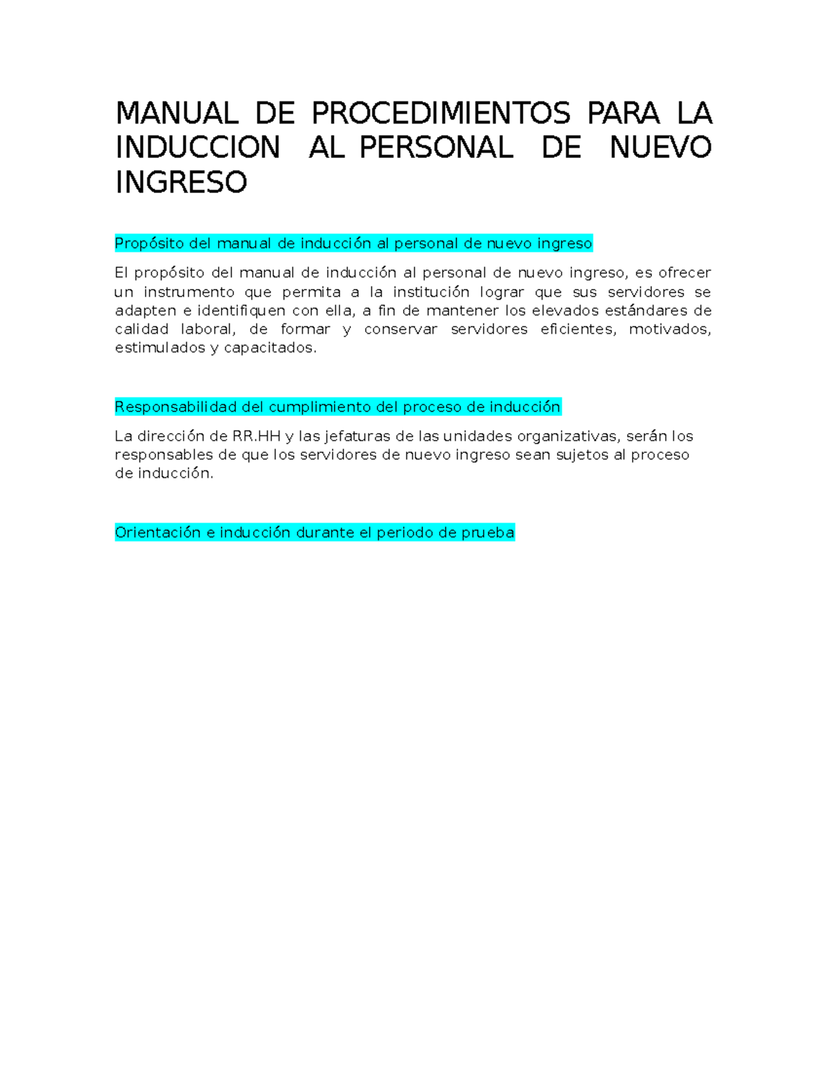 Manual DE Procedimientos PARA La Inducción AL Personal Nuevo Ingreso ...
