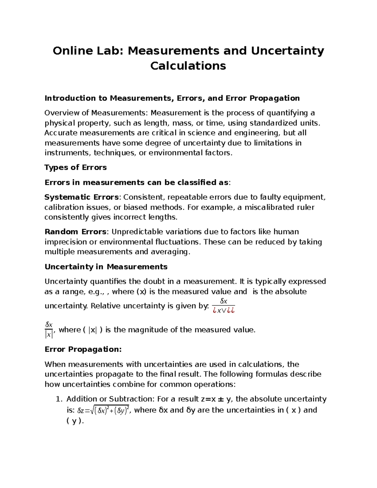 Online Lab: Measurements & Uncertainty Calculations (Course Code) - Studocu