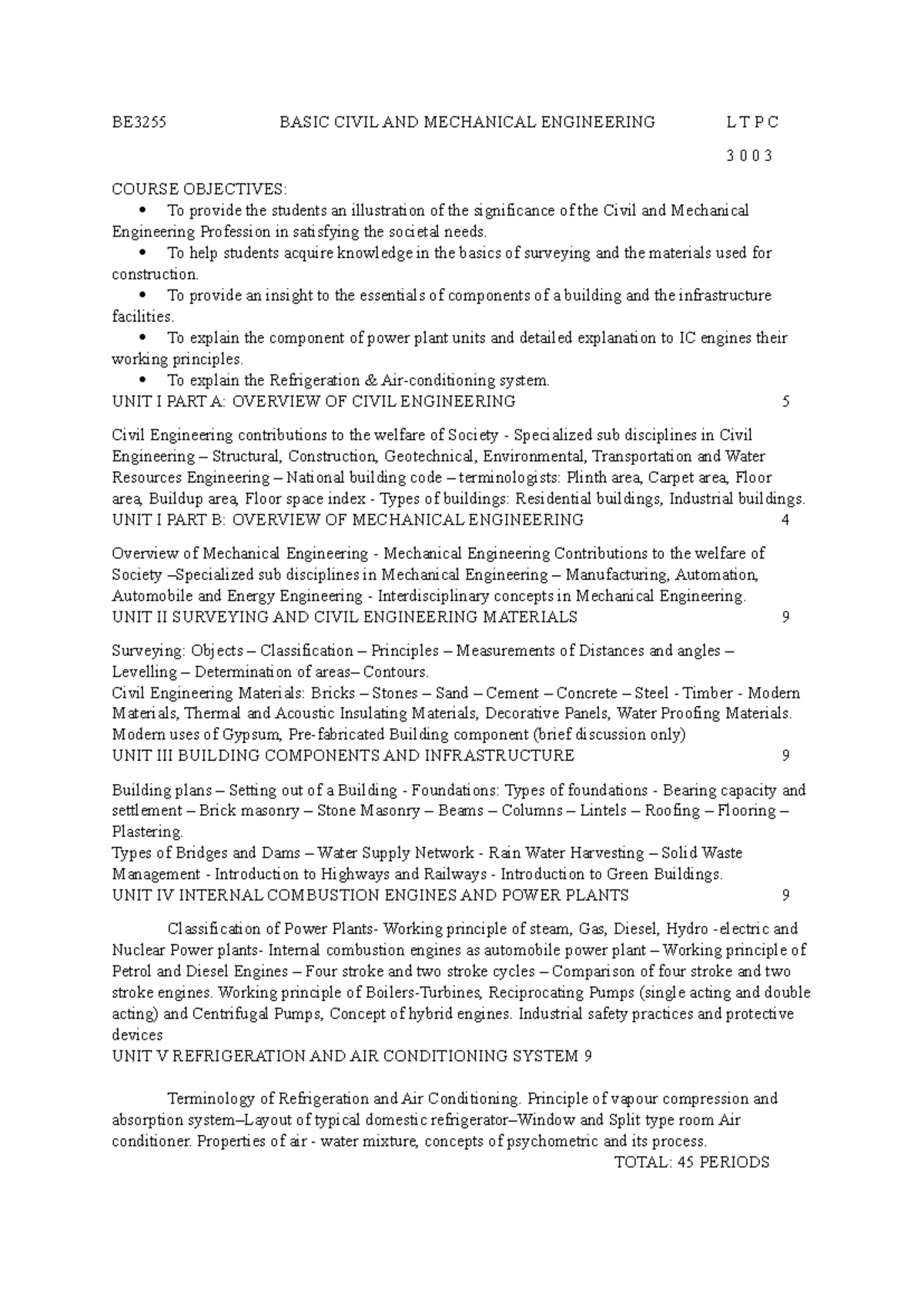 BE3255 Basic Civil & Mechanical Engineering Course Overview - Studocu