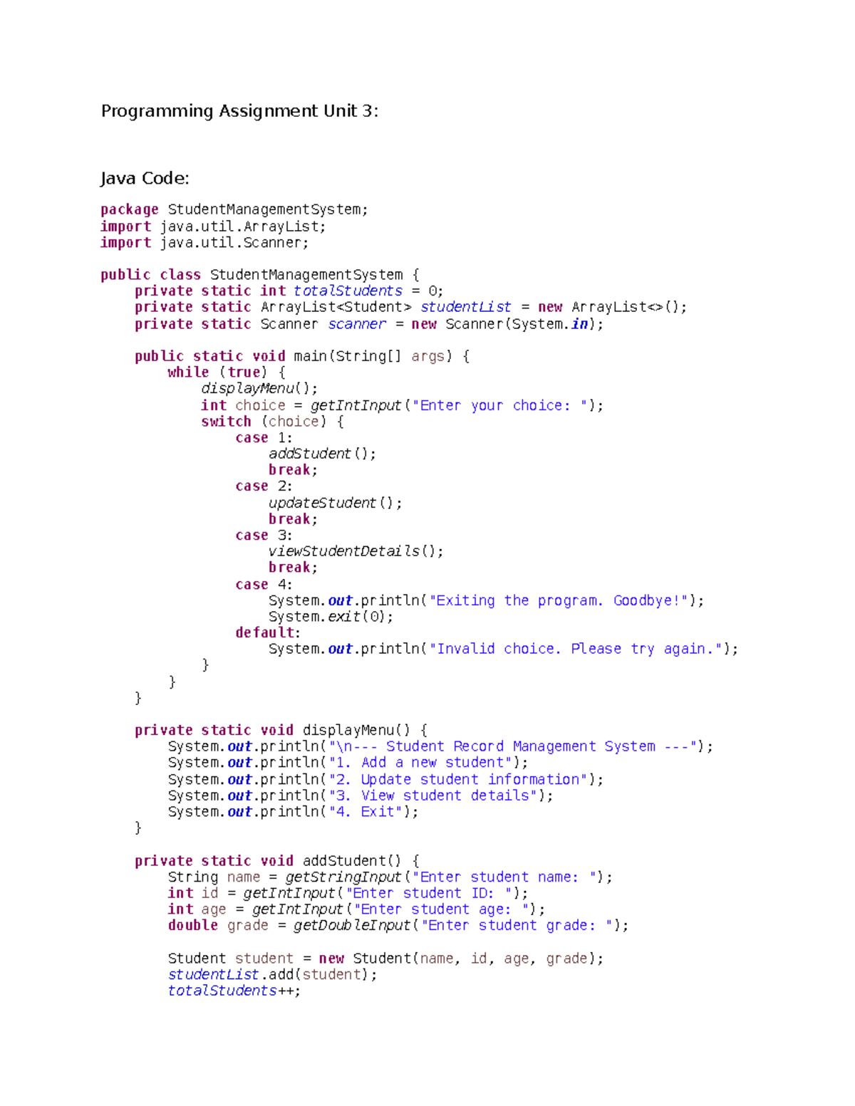 Programming Assignment Unit 3: Student Record Management System Code - Studocu