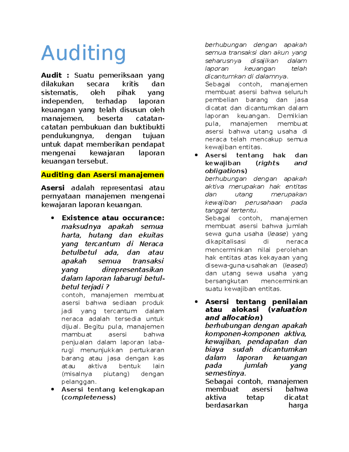 Catatan Kuliah: Auditing dan Asersi Manajemen (AKT 101) - Studocu