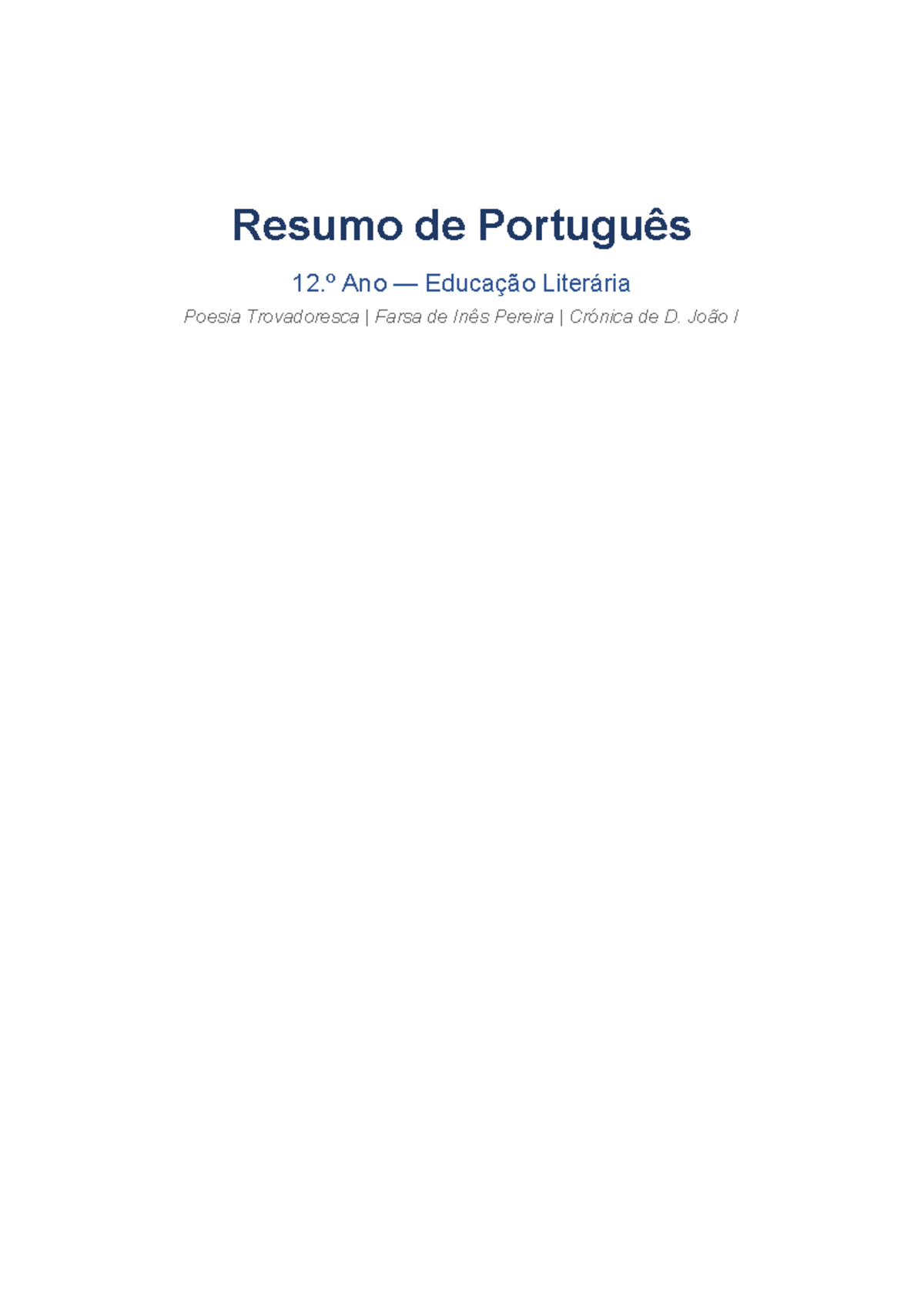 Resumo de Português 12.º Ano: Poesia Trovadoresca e Gil Vicente - Studocu