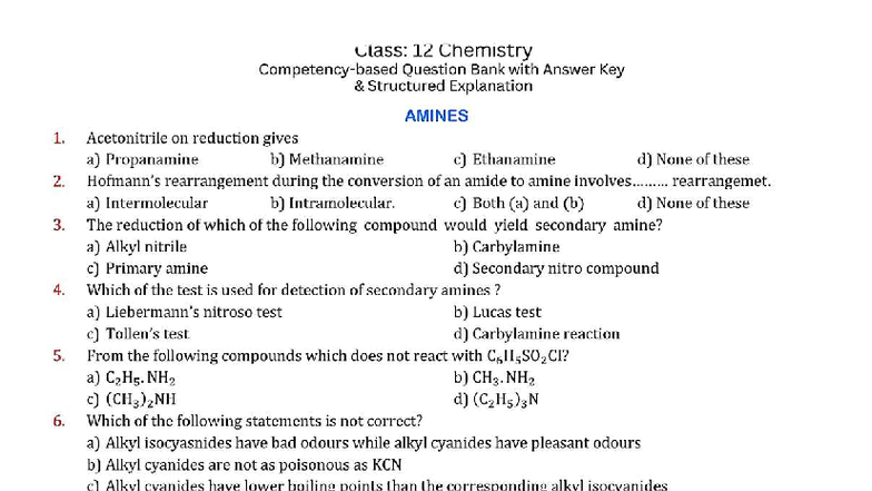 Amines - Competency Based Question Bank (Class 12 Chemistry) - Studocu