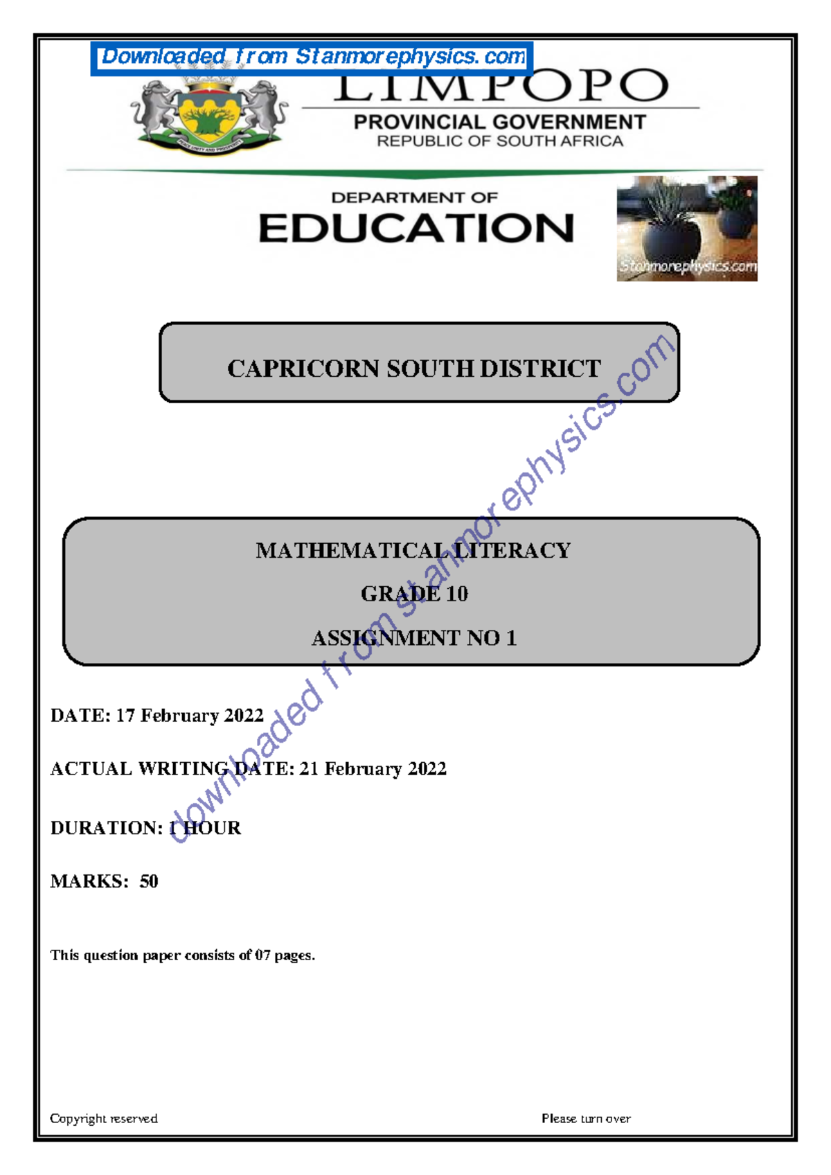 Grade 10 Maths Literacy Assignment 01 & Memo - Capricorn South 2022 ...