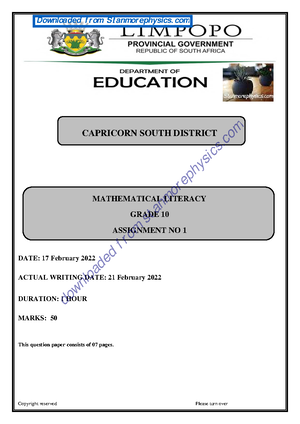 Grade 10 Mathematical Literacy - GRADE 10 MATHEMATICAL LITERACY Exam Papers Paper 1 QUESTION 1 ...
