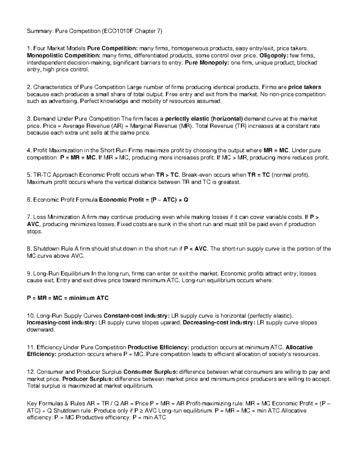 ECO1010F Chapter 7: Summary of Pure Competition Concepts - Studocu