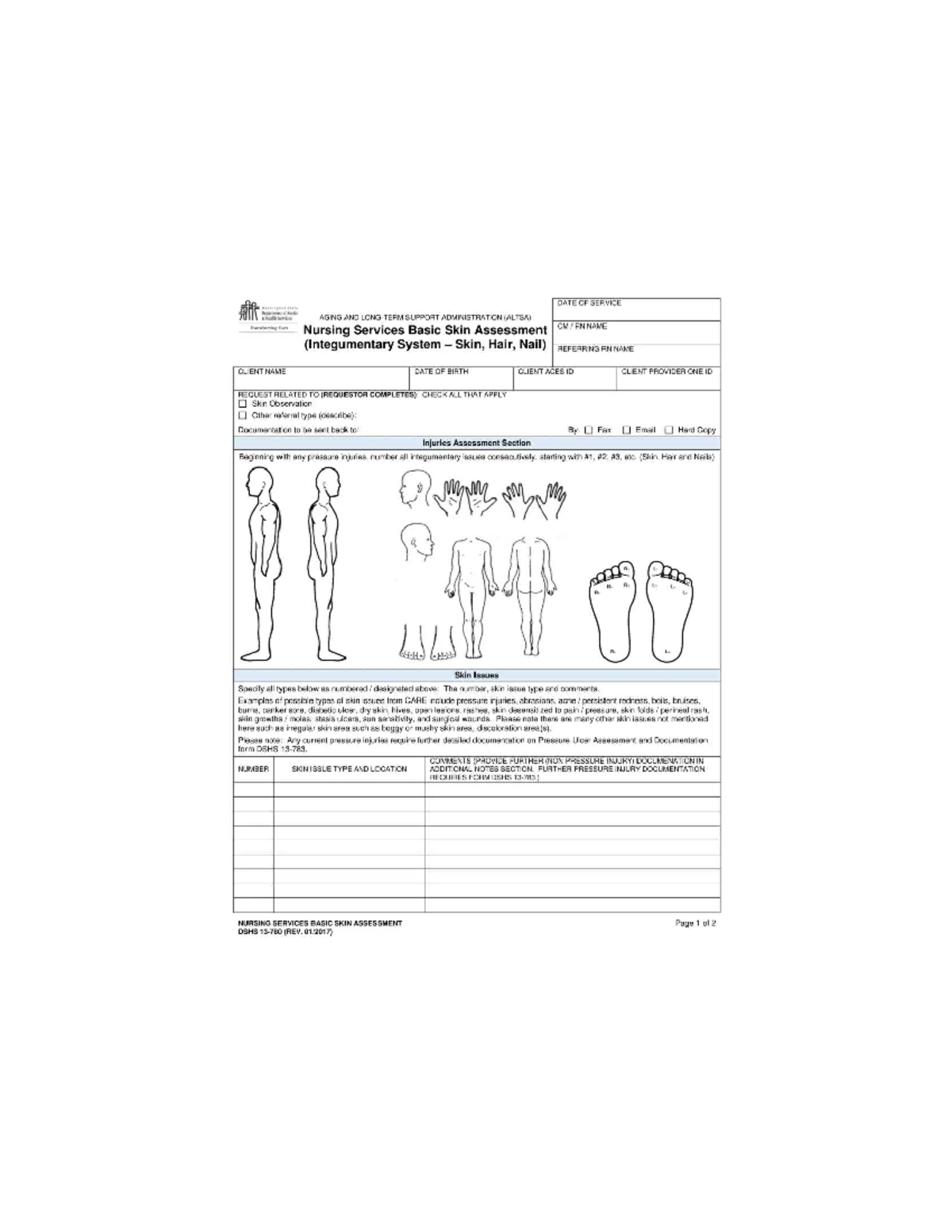 DSHS Form 13-780: Nursing Services Basic Skin Assessment (WA) - Studocu