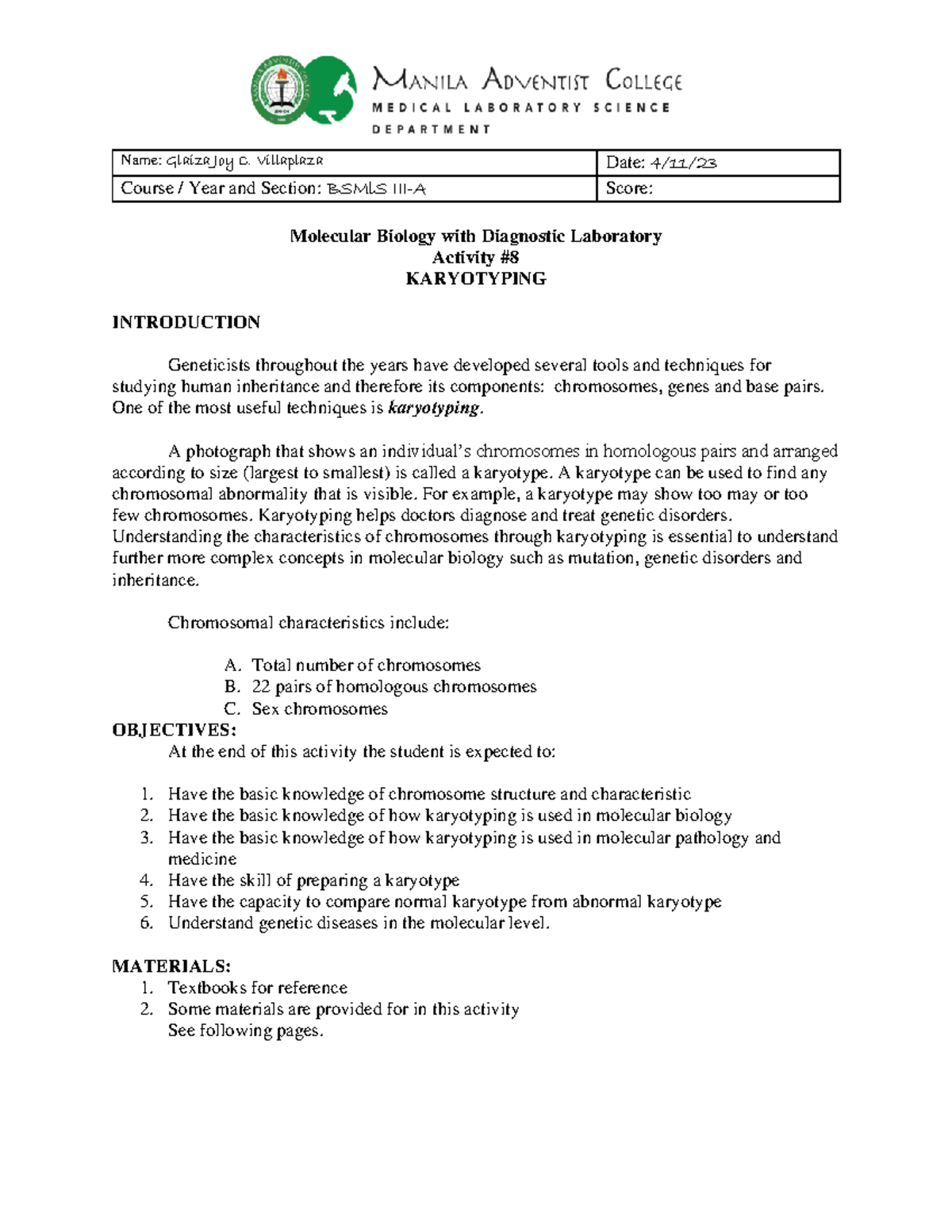 Activity 8: Karyotyping in Molecular Biology (BSMLS III-A) - Studocu