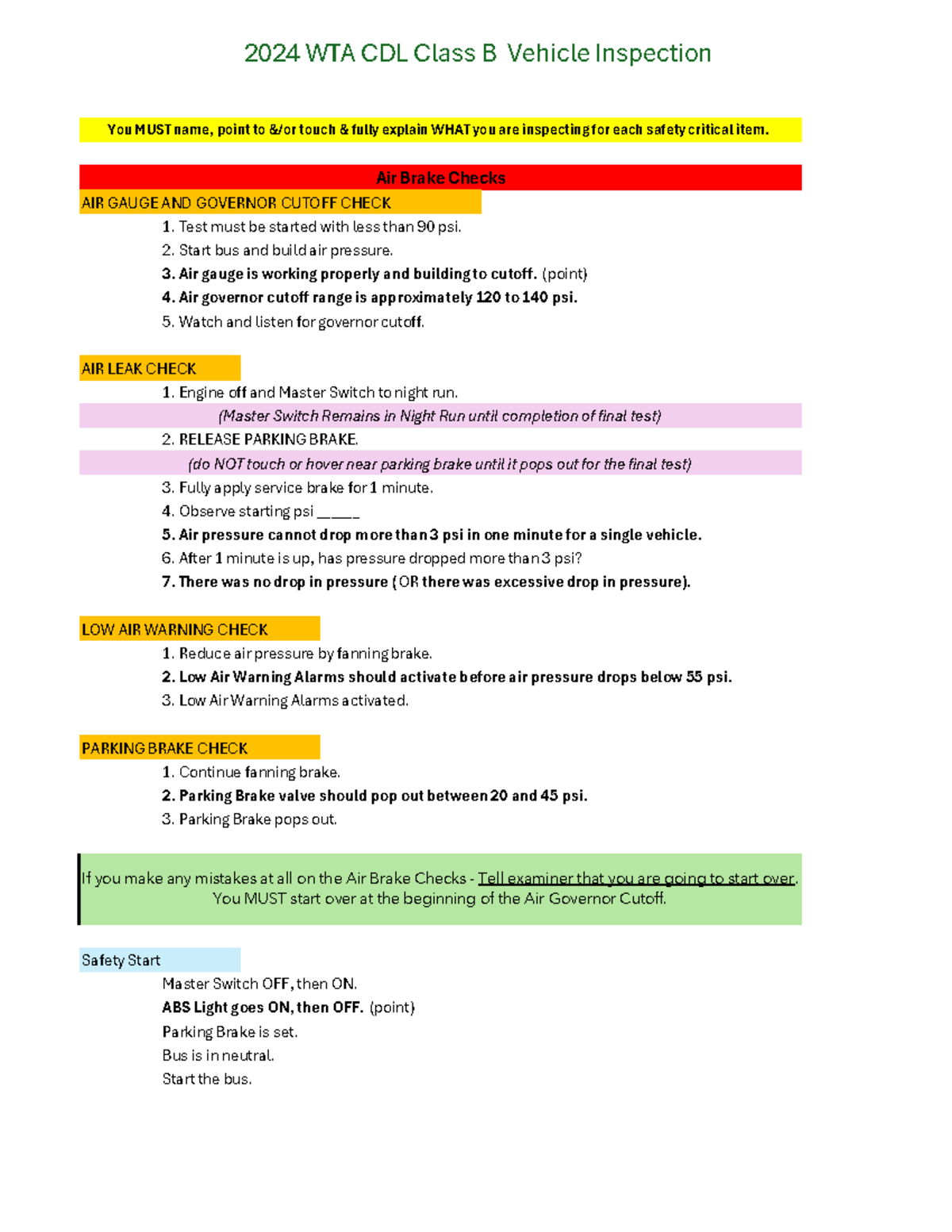 2024 WTA CDL Class B Vehicle Inspection Checklist & Procedures - Studocu