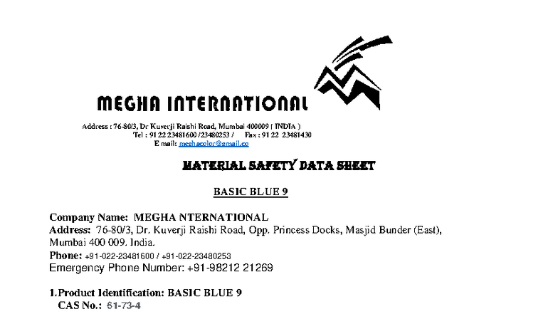 MSDS for Basic Blue 9 - Chemical Safety Information - Studocu