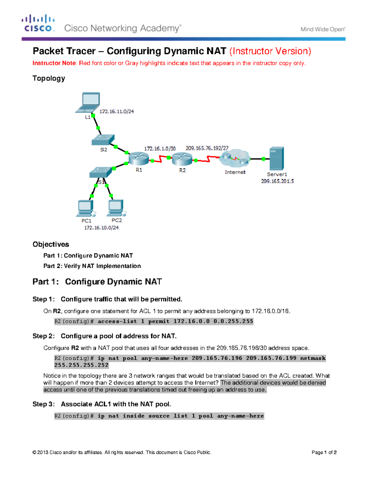 5.2.2.5 Packet Tracer - Dynamic NAT Config Instructions IG - Studocu