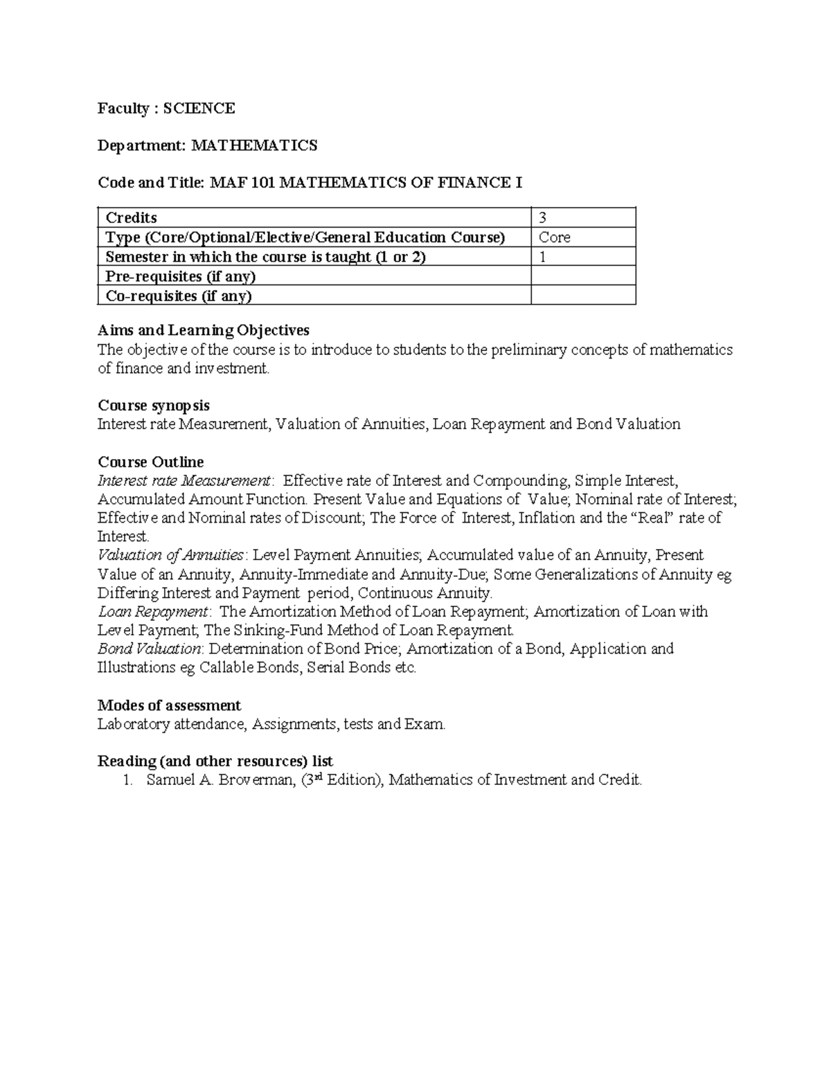 MAF 101: Course Synopsis for Mathematics of Finance I - Studocu