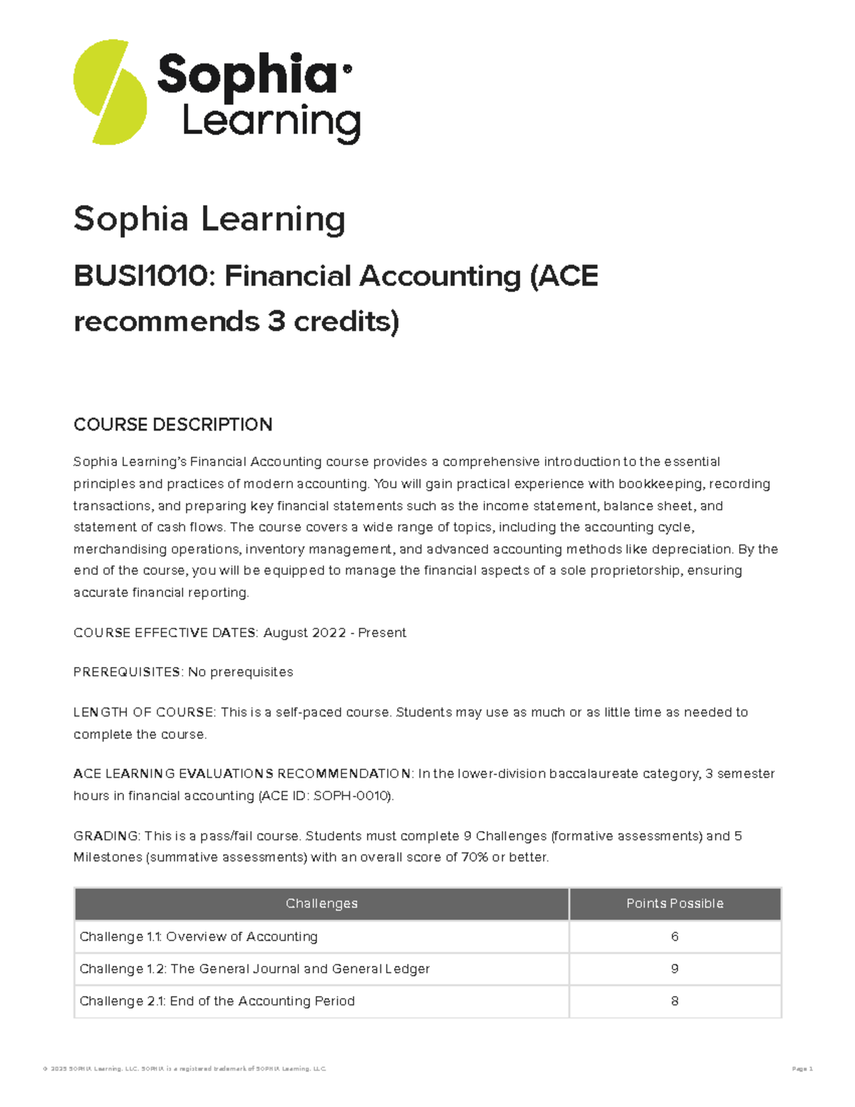 Sophia Learning BUSI1010: Financial Accounting Syllabus Overview - Studocu