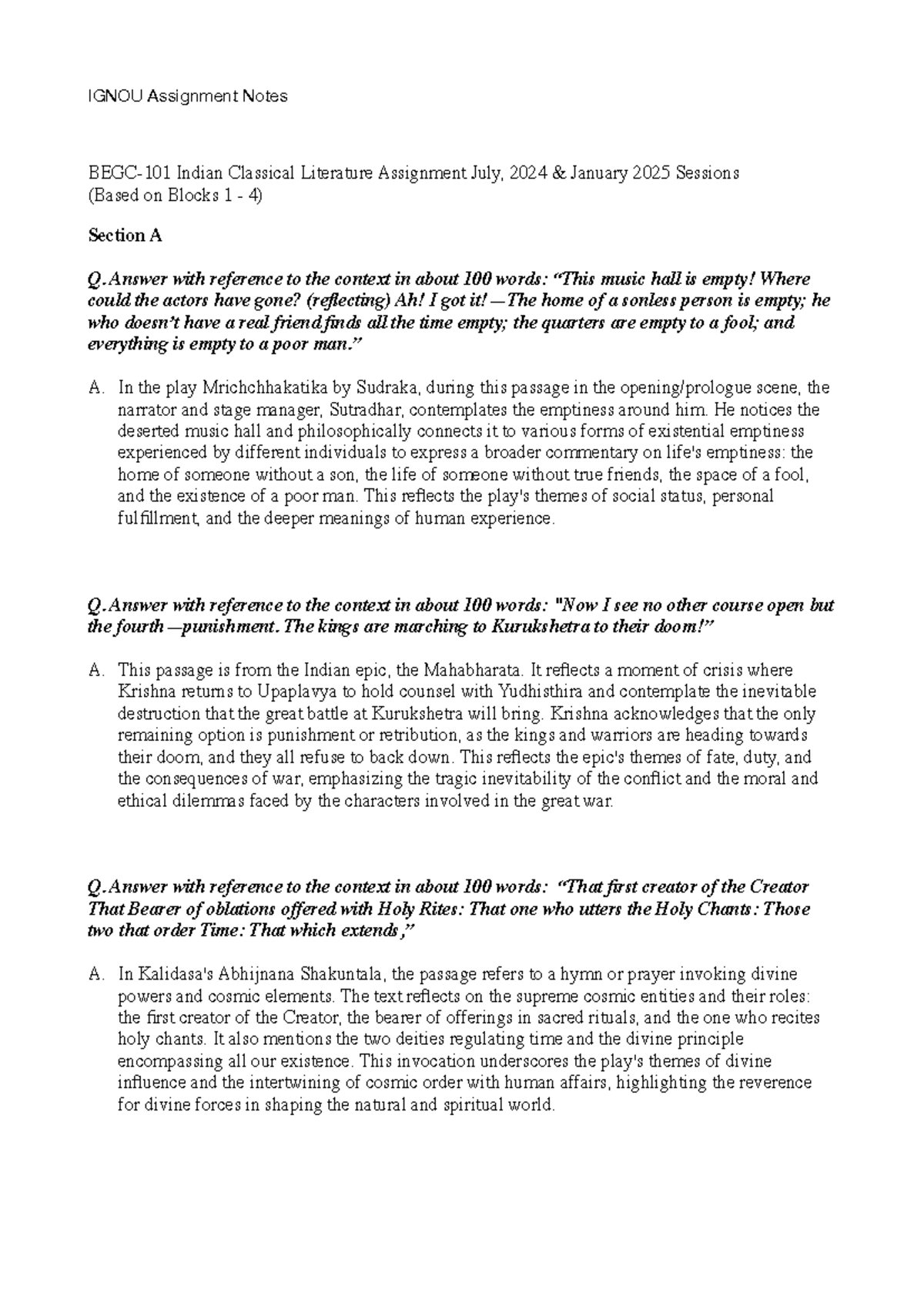 IGNOU BEGC-101 Assignment Notes: Indian Classical Literature Insights ...