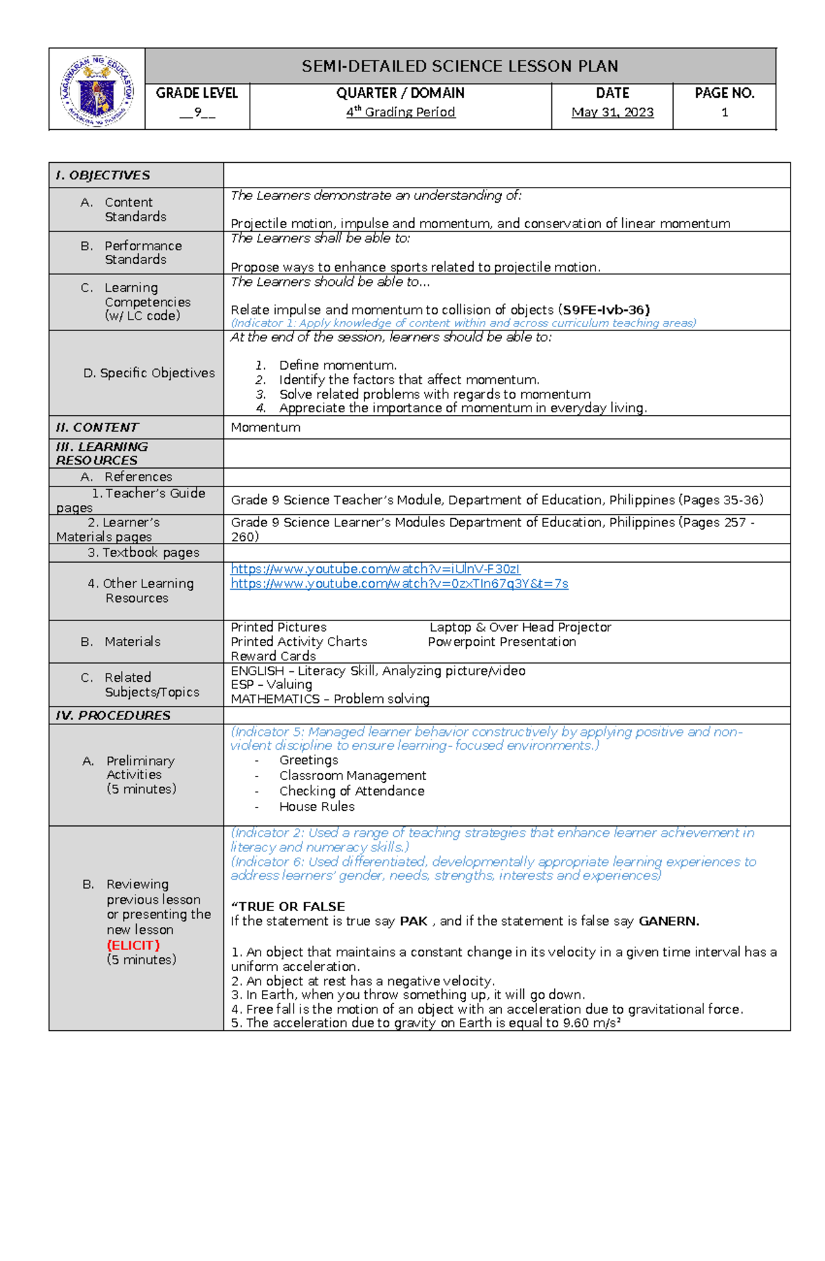 Momentum Lesson Plan for 9th Grade Science (4th Quarter) - Studocu
