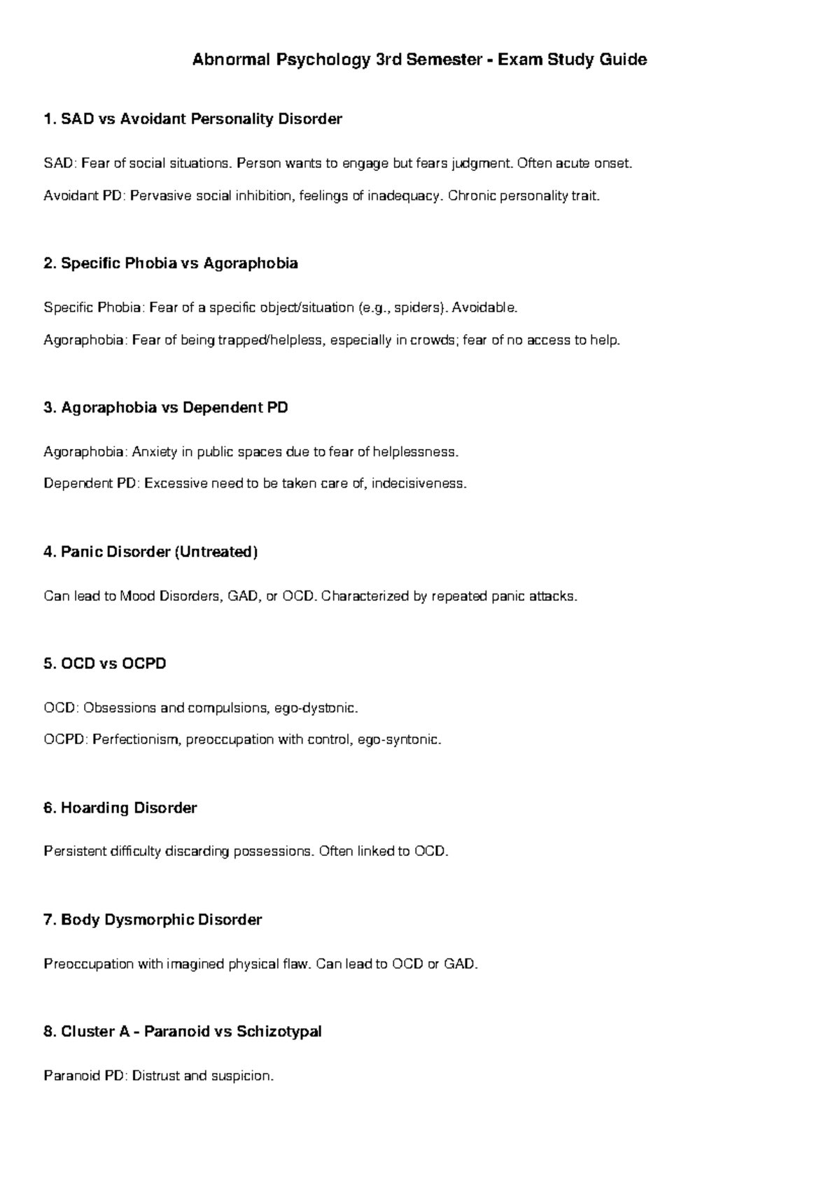 Abnormal Psychology 3rd Sem Final Exam Study Guide: Key Disorders ...