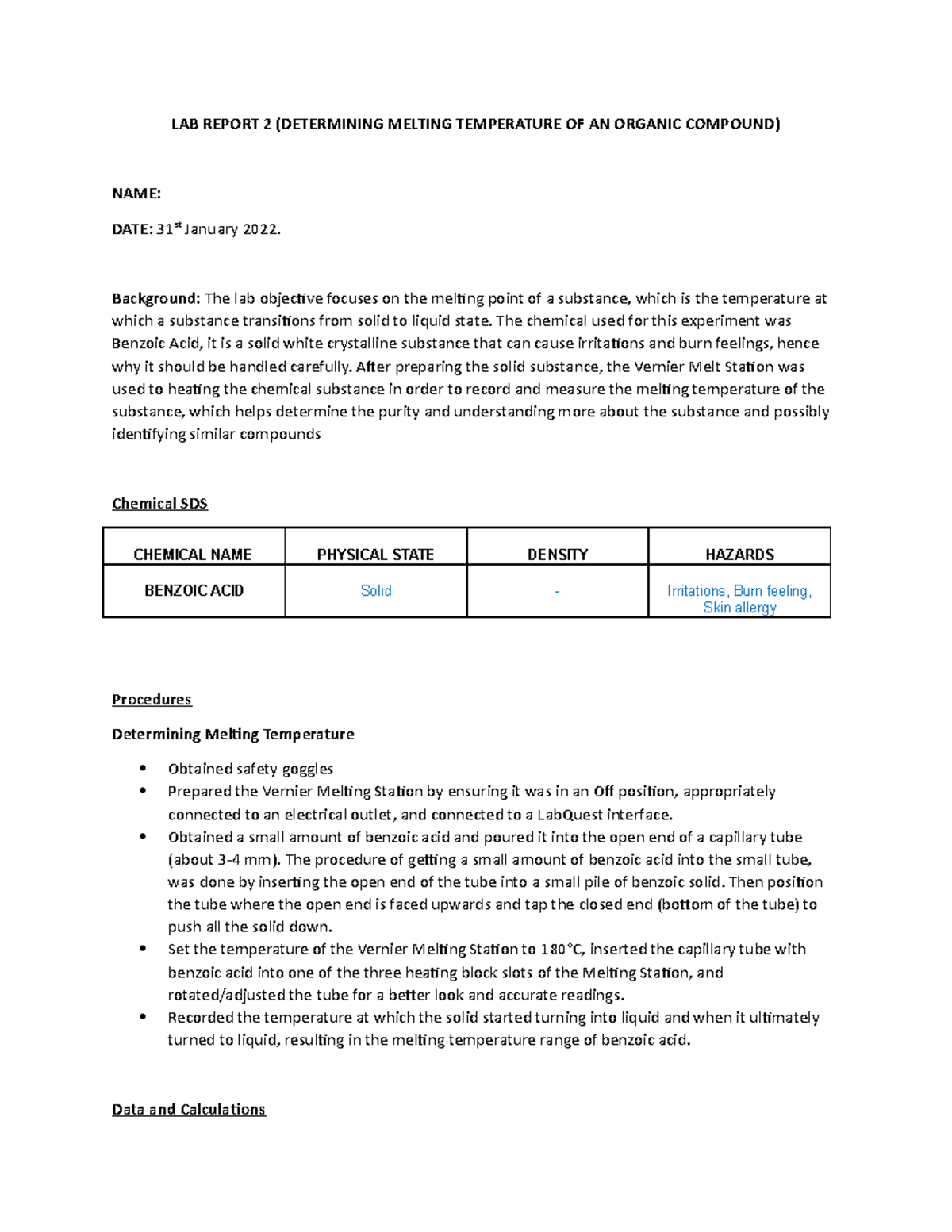 LAB Report 2 - LAB REPORT 2 (DETERMINING MELTING TEMPERATURE OF AN ...