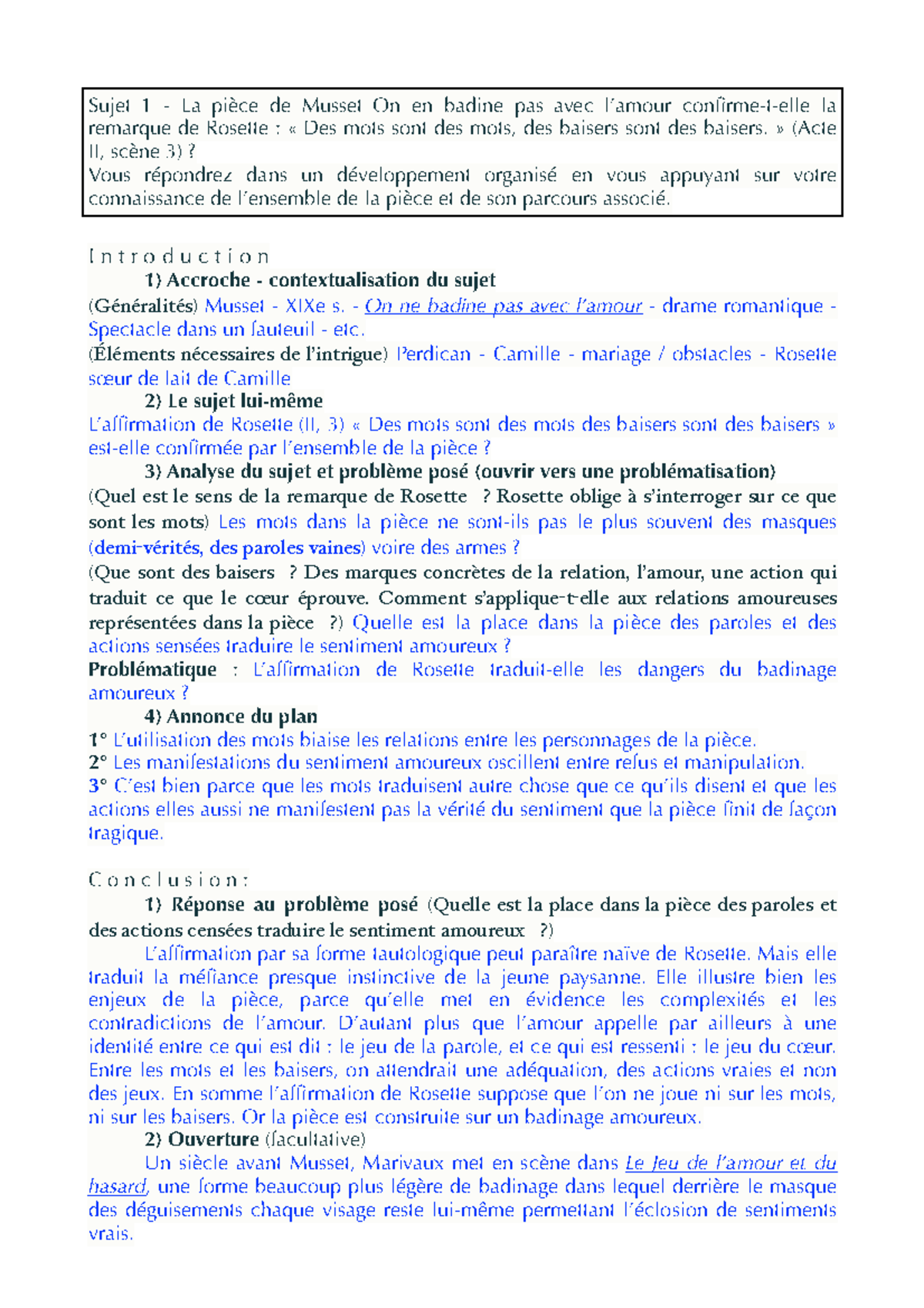 Corrigé de Dissertation : Musset sur "On ne badine pas avec l'amour" - Studocu