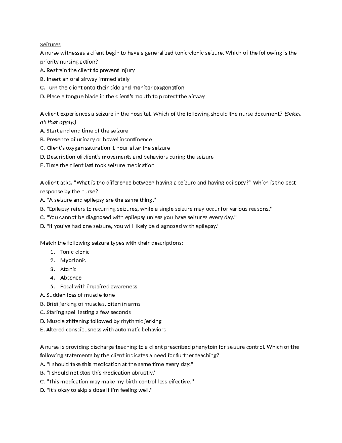 Neuro Worksheet: Seizures, Stroke, and Spinal Cord Injury Care - Studocu