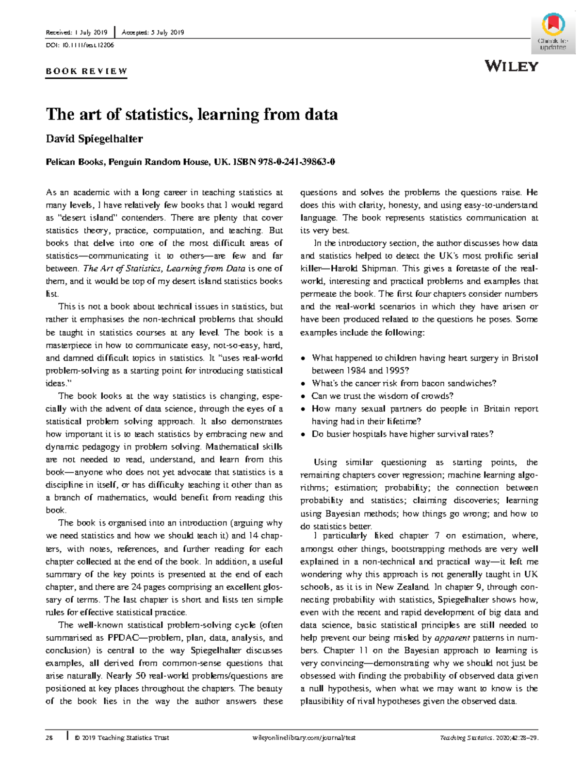 BOOK REVIEW: The Art of Statistics (Teaching Statistics) - Studocu