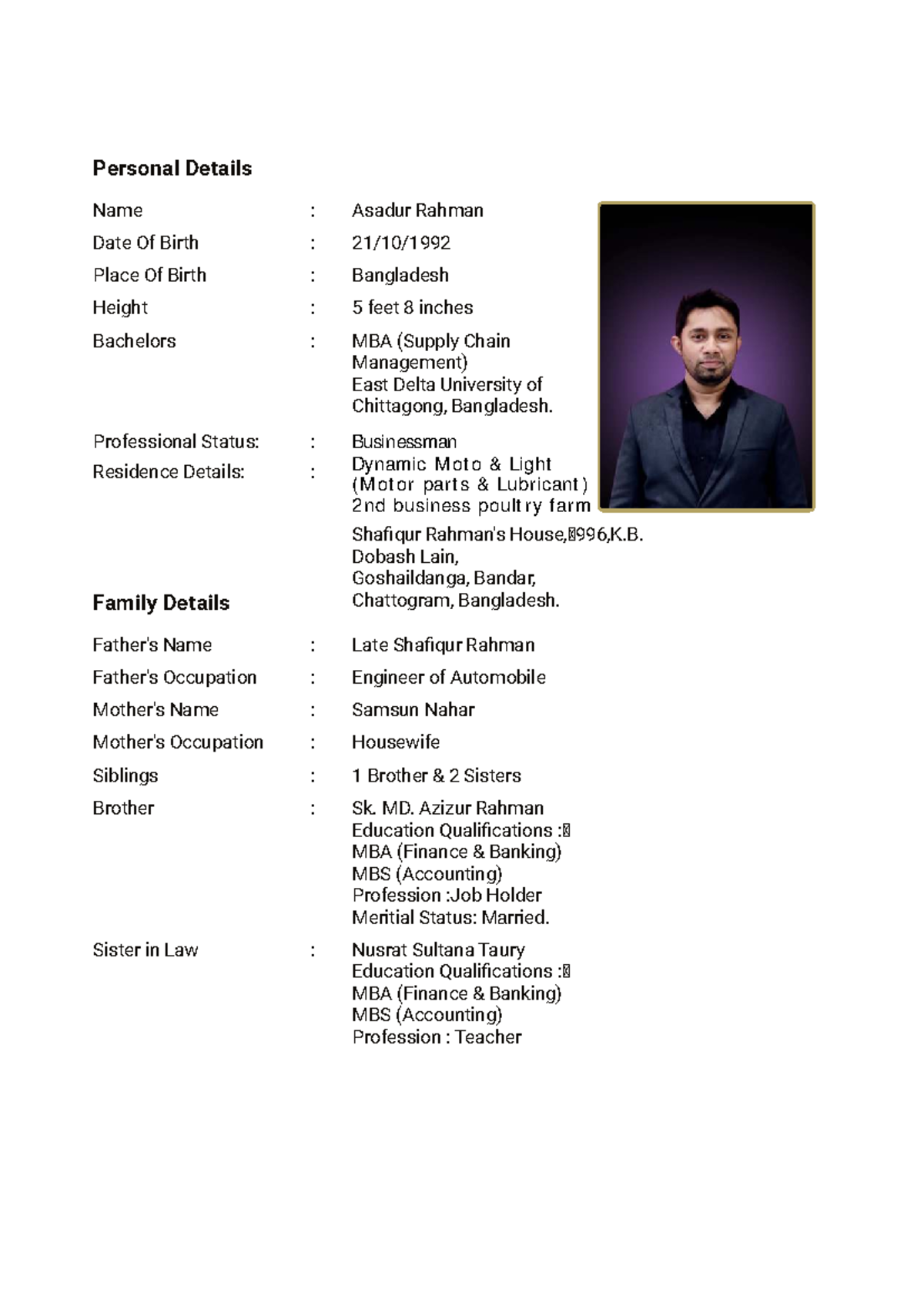 Bio Data of Asadur Rahman - Personal & Professional Details - Studocu