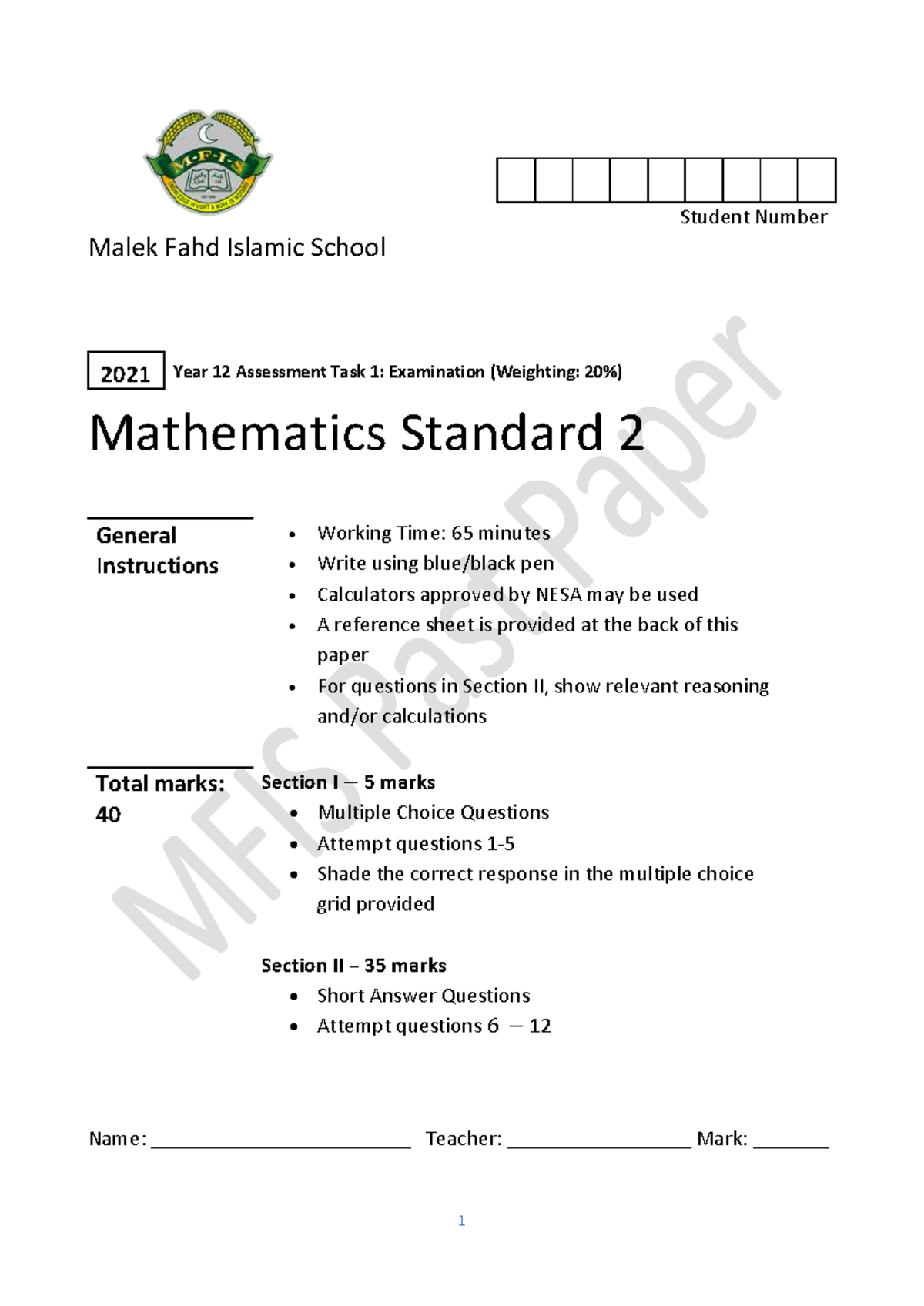 2021 Mathematics Standard 2 Assessment Task 1: Exam Guide - Studocu