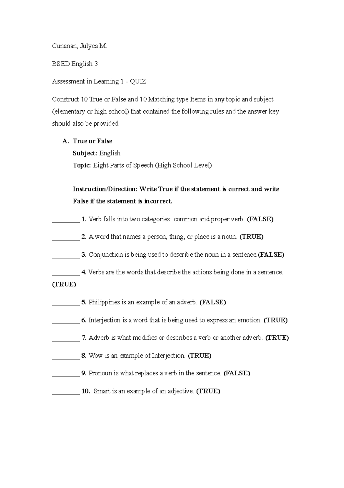 Sample OF TRUE OR False Questions - 8 Parts OF Speech - Cunanan, Julyca ...