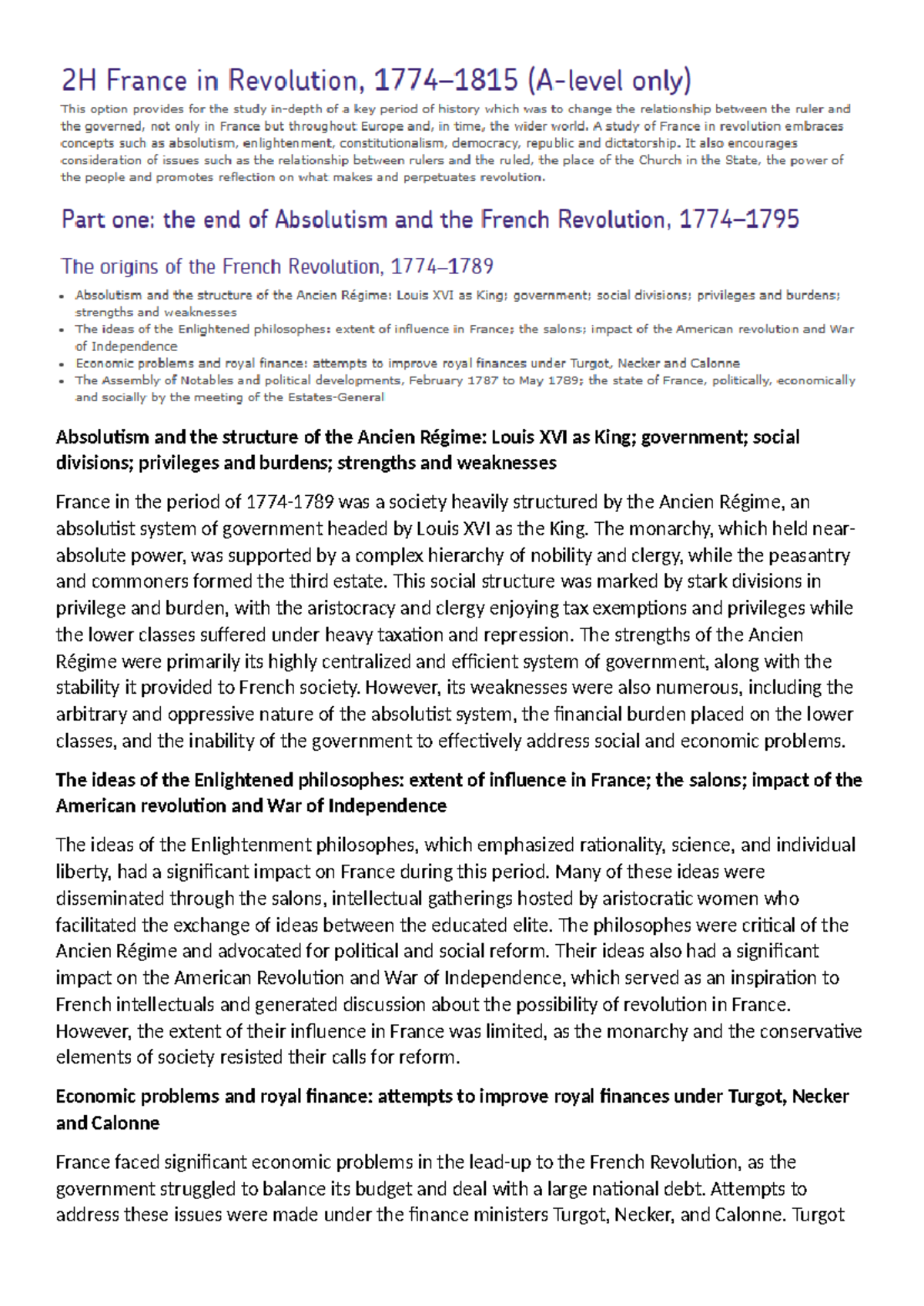 2H Final Exam Study Notes: France in Revolution (1774-1815) - Studocu