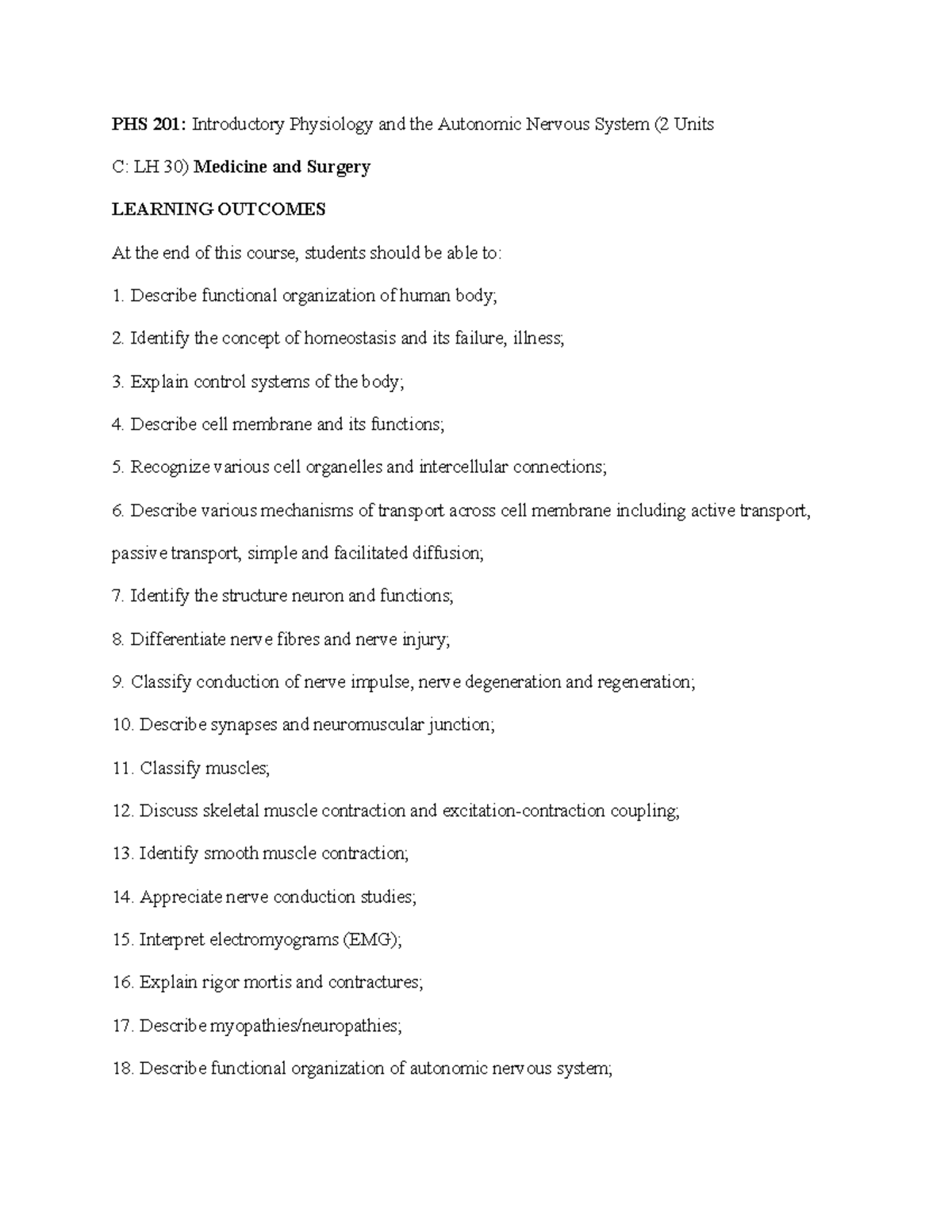 PHS 201: Introductory Physiology & Autonomic Nervous System Overview ...