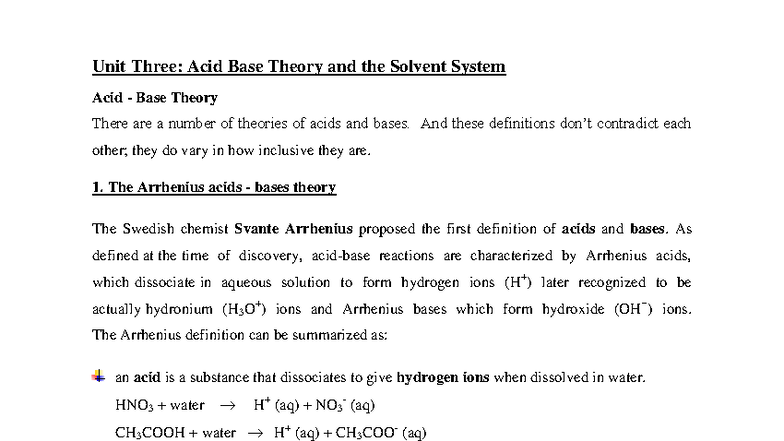 Unit 3: Acid-Base Theory & Solvent System Overview - Studocu
