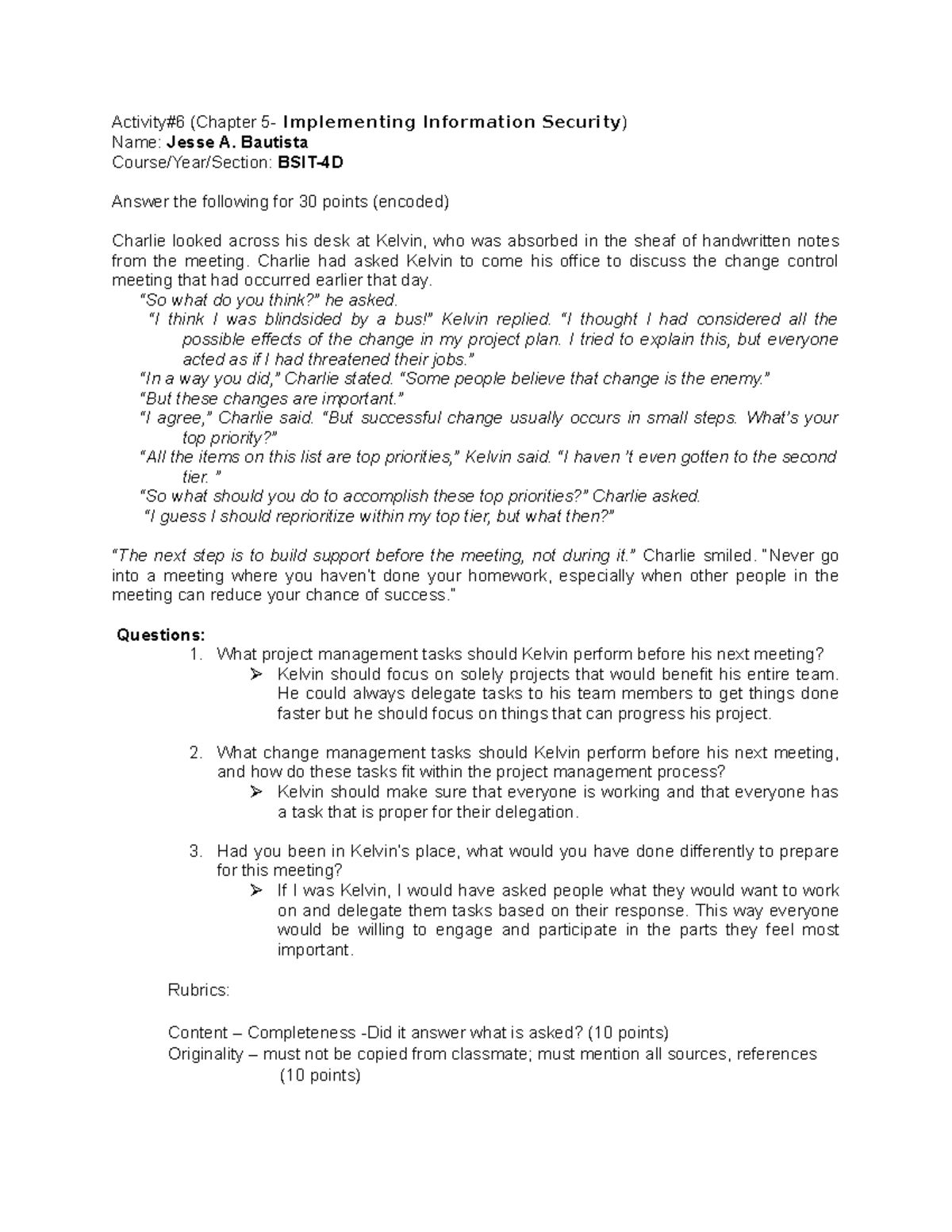 Activity 6 - Chapter 5: Implementing Info Security Strategies (BSIT-4D) - Studocu