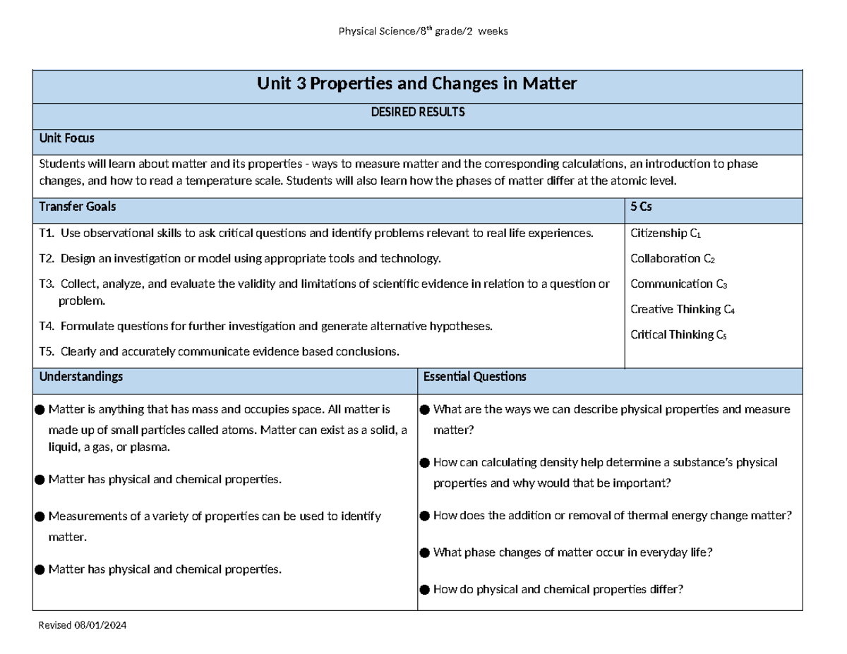Unit 3: Physical & Chemical Properties and Changes in Matter - Studocu