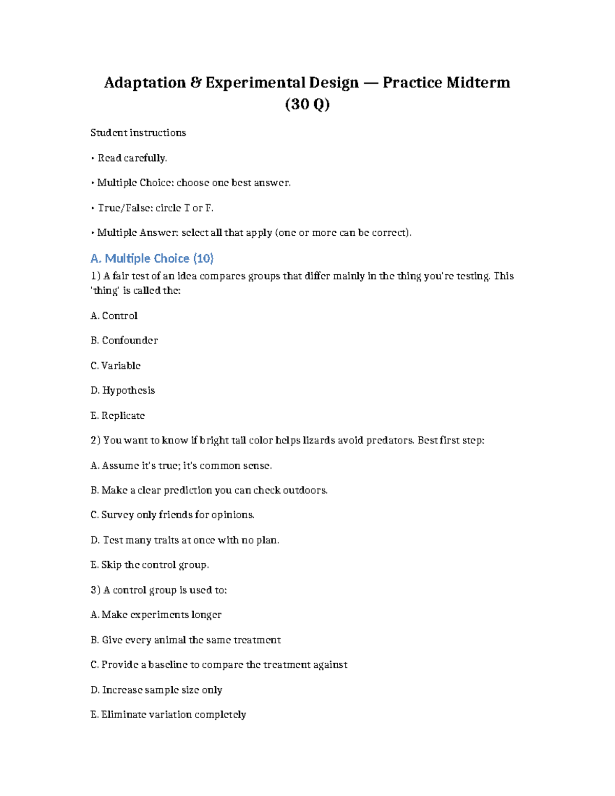 Adaptation & Experimental Design Practice Midterm (30 Q) Guide - Studocu
