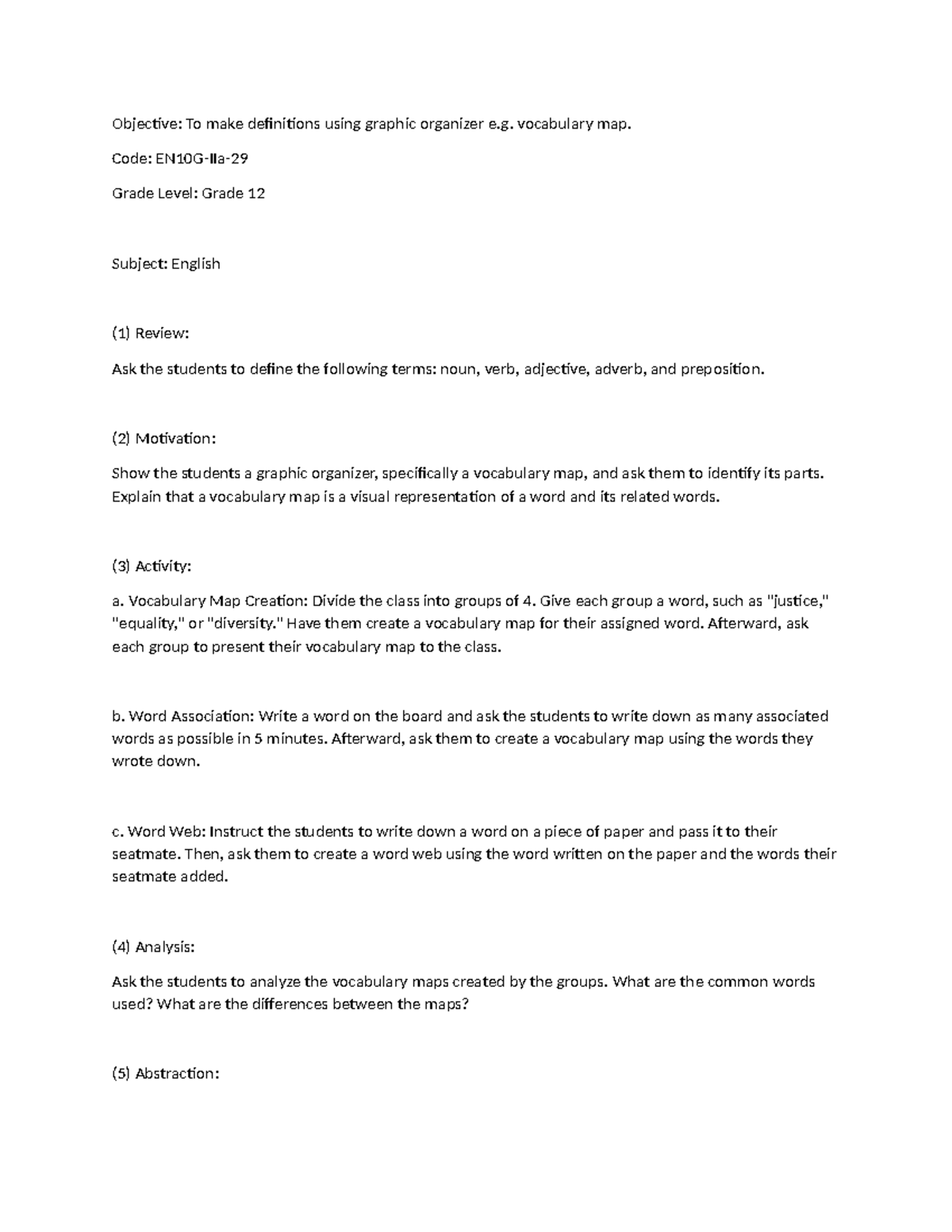 Grade 12 English Lesson Plan: Vocabulary Map Creation Activities - Studocu