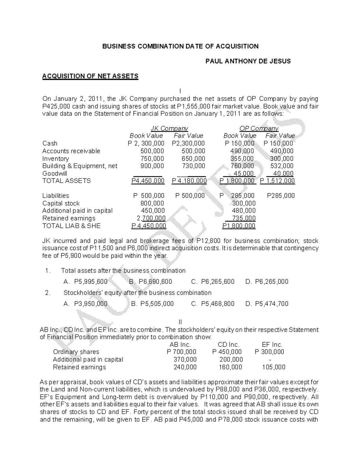 Business Combination Analysis and Acquisition Details - Studocu