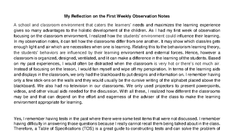 Reflection on Weekly Observation Notes: Classroom Environment & Grading ...